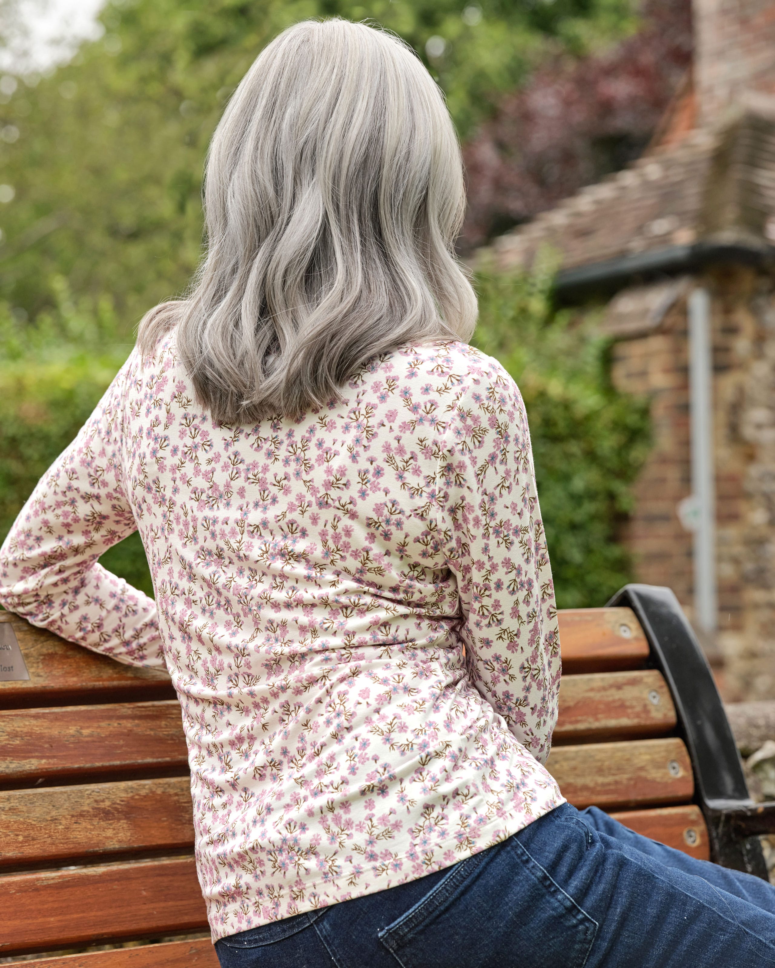 Cream Ditsy | Jersey Slim Polo Neck Top | WoolOvers AU