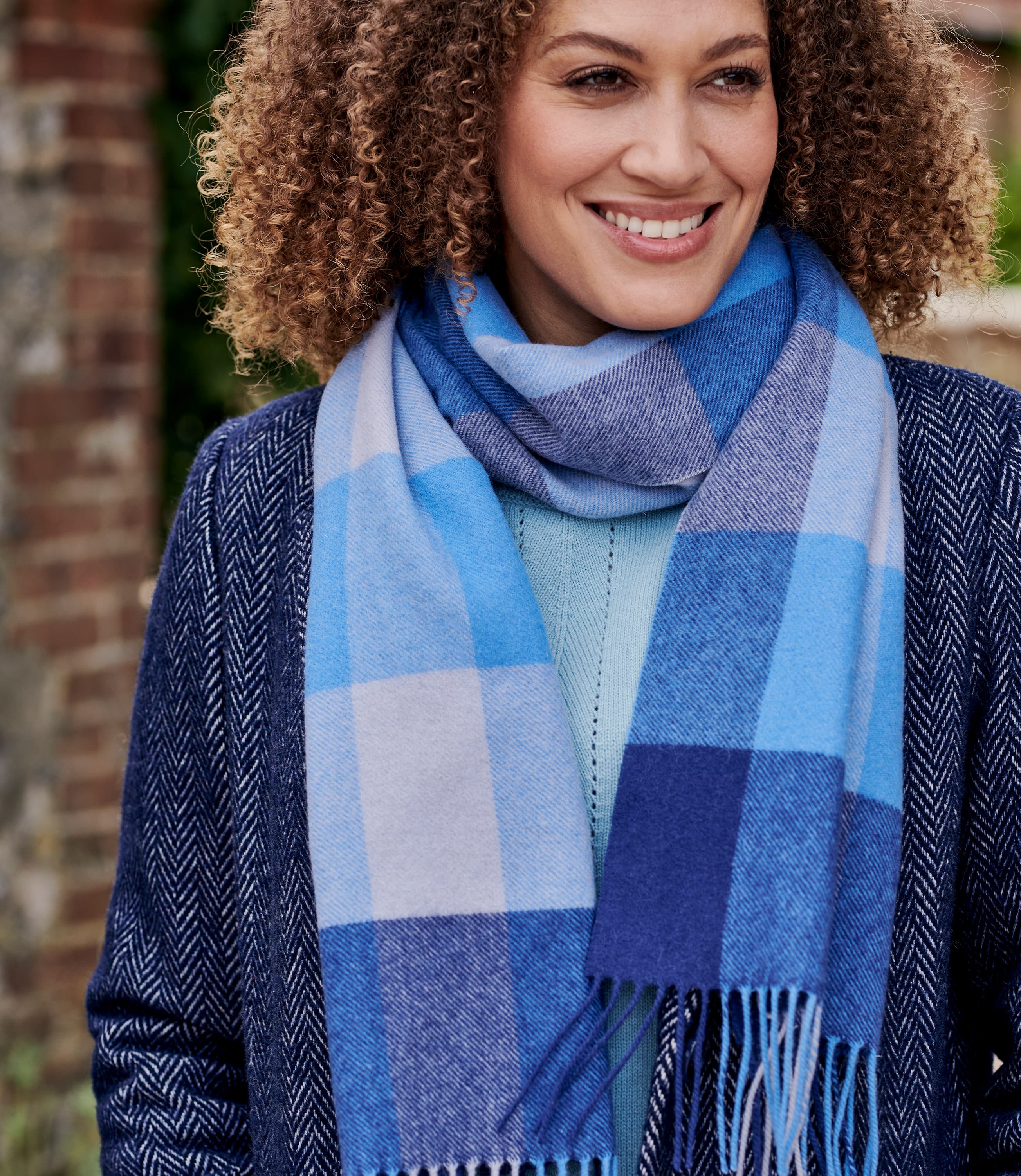 Multi bleu | Écharpe à carreaux - Femme - Pur Mérinos | Woolover FR
