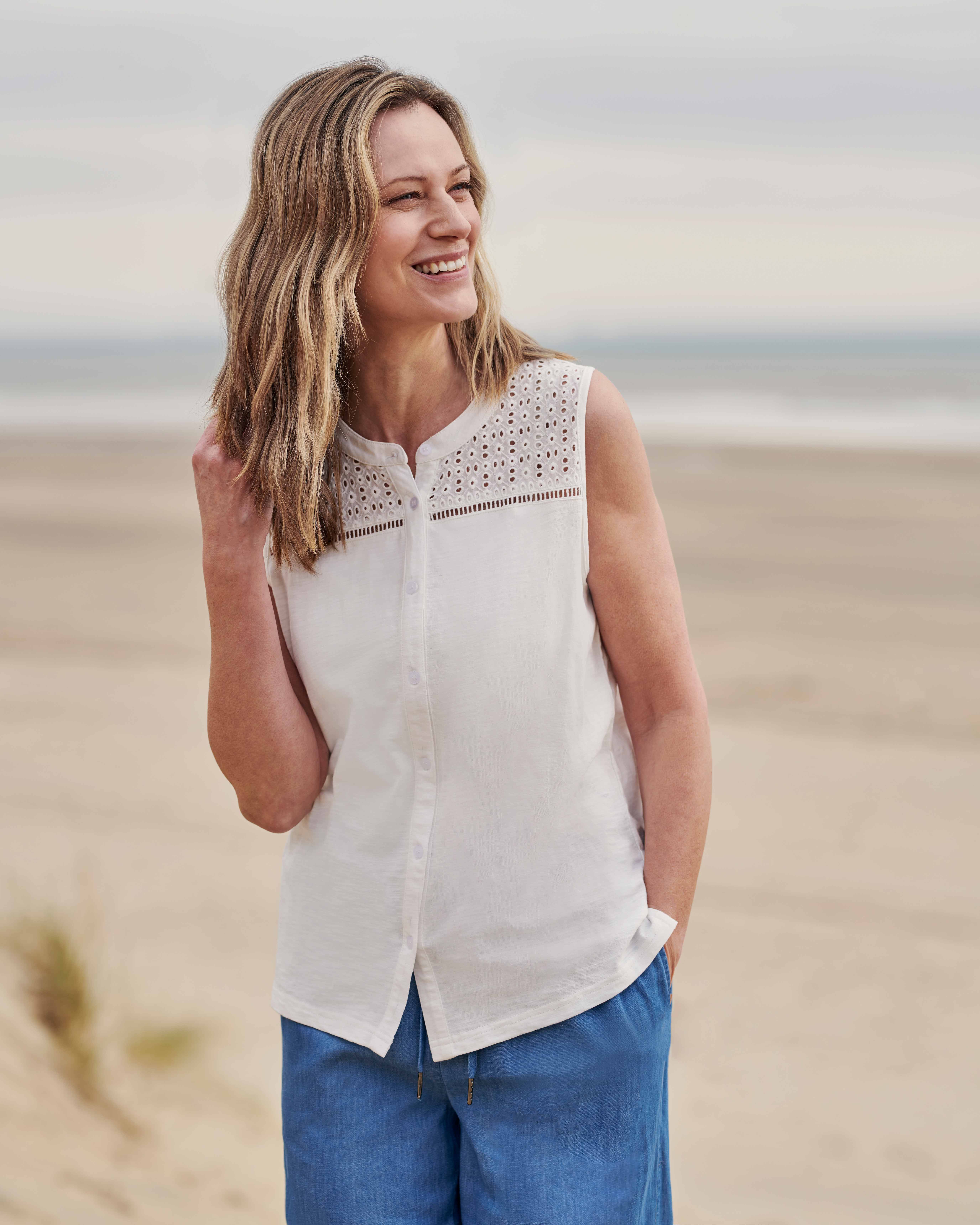 White | Sleeveless Jersey Shirt | WoolOvers UK