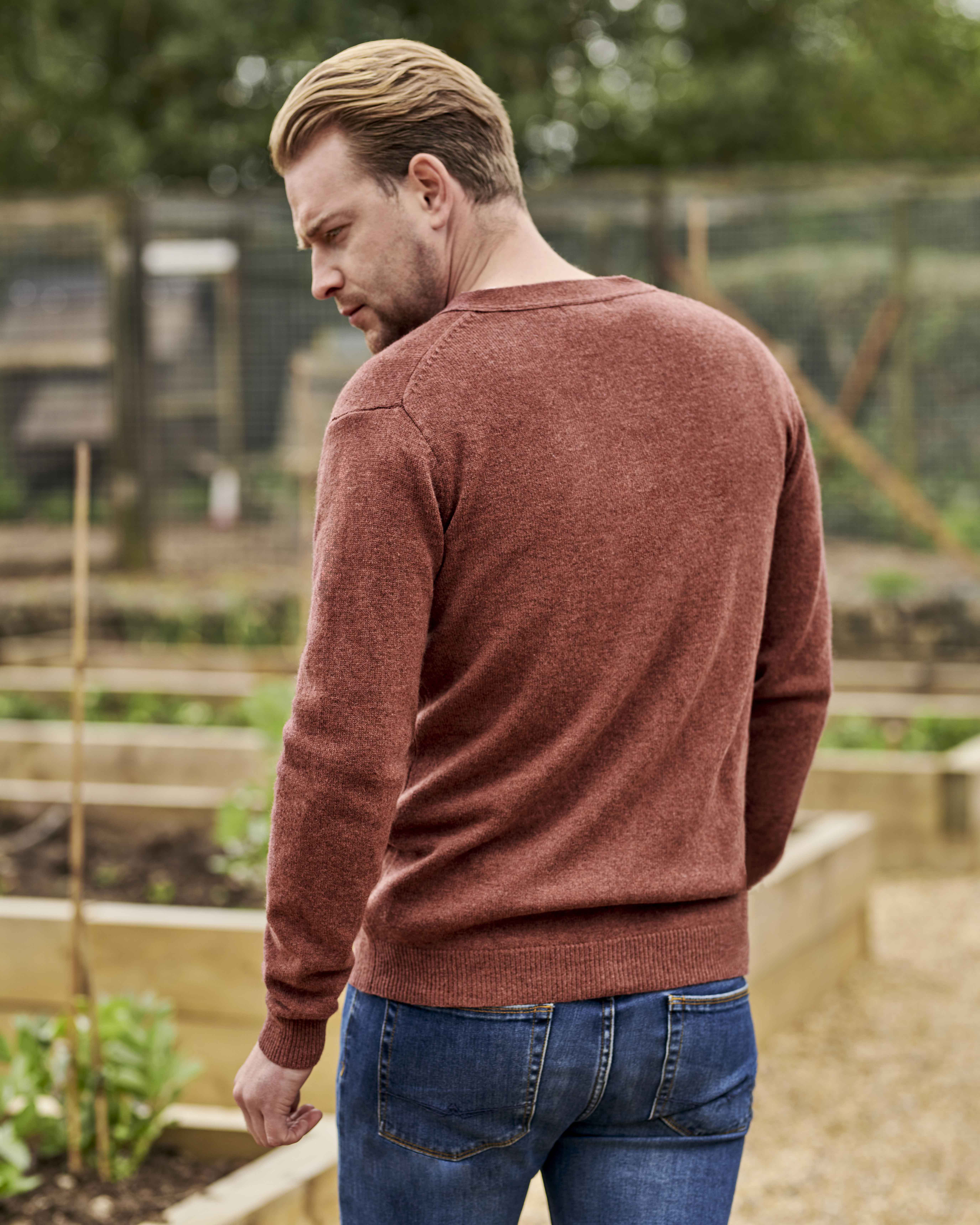 Burnt Toffee | Mens Lambswool V Neck Cardigan | WoolOvers AU