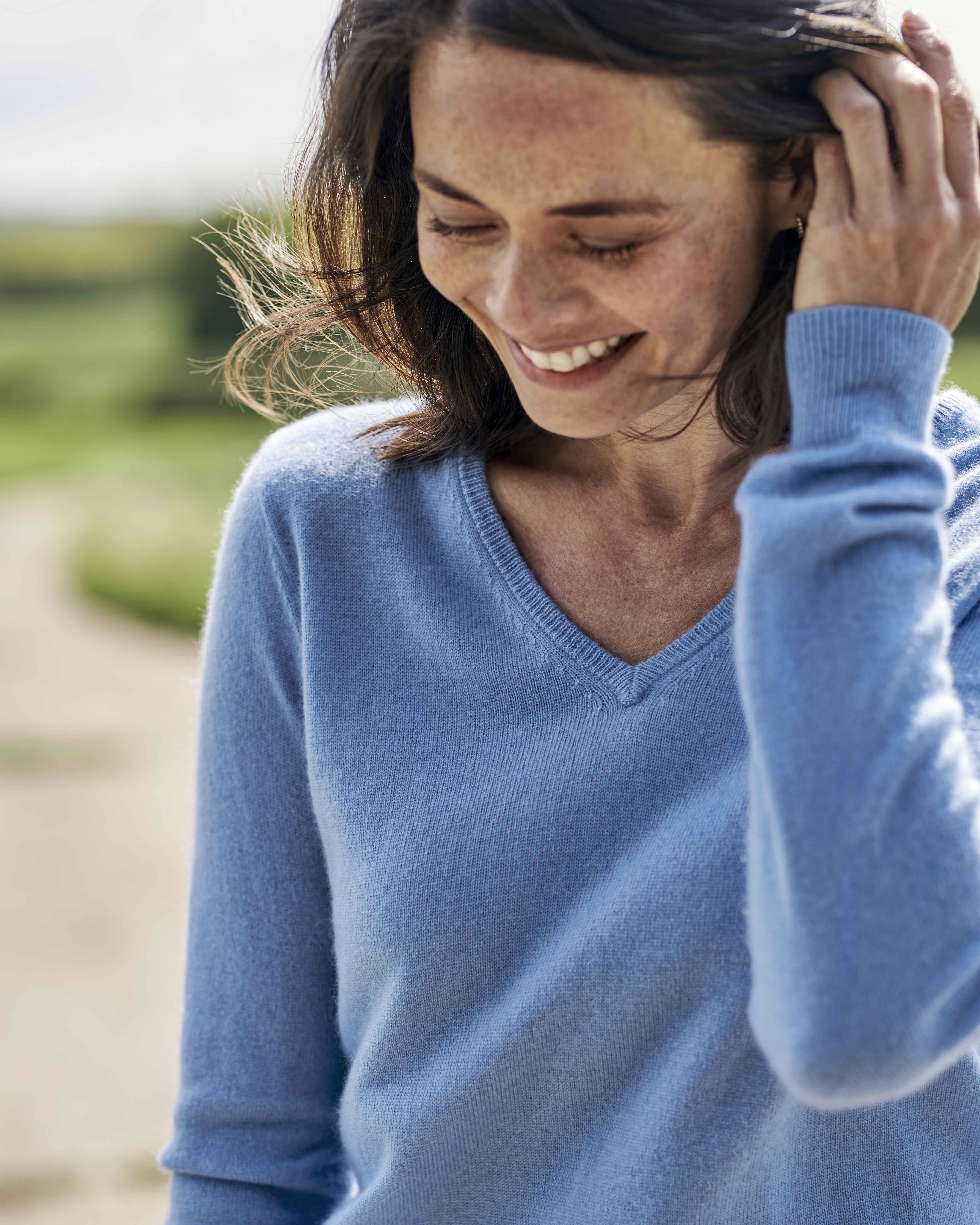 Clear Sky | Cashmere & Merino V Neck Knitted Jumper | WoolOvers UK