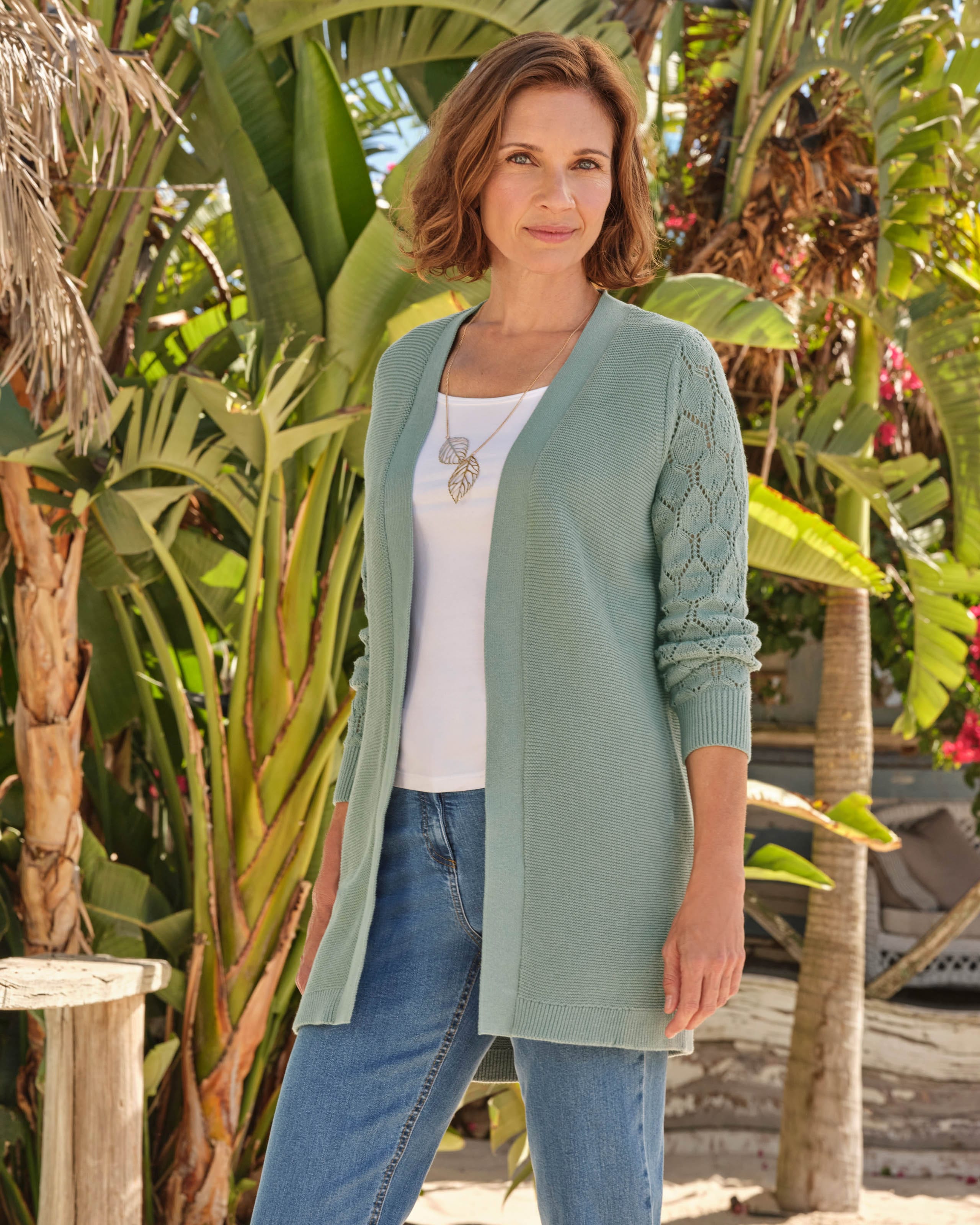 Mineral Green | Pointelle Sleeve Edge To Edge Cardigan | WoolOvers UK