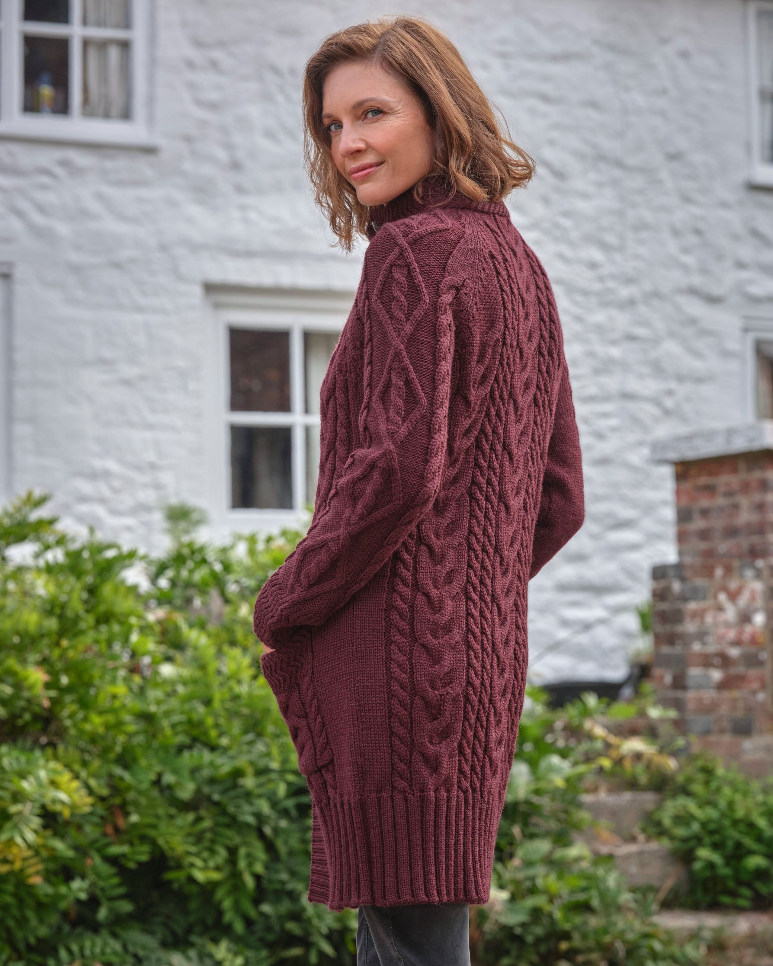 Cherry Chocolate | Pure Wool Aran Coatigan | WoolOvers US