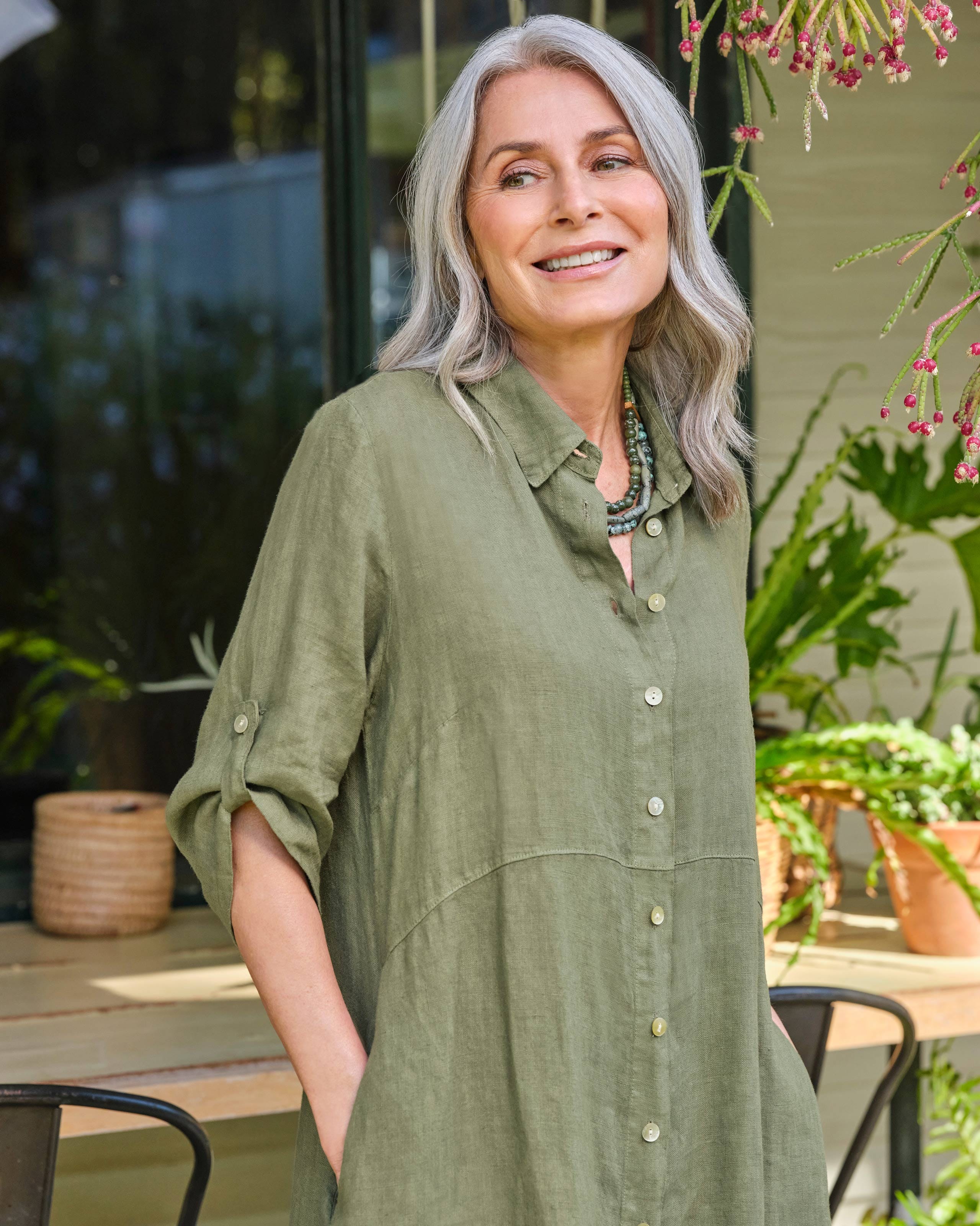 Khaki | Linen Midi Shirt Dress | WoolOvers AU