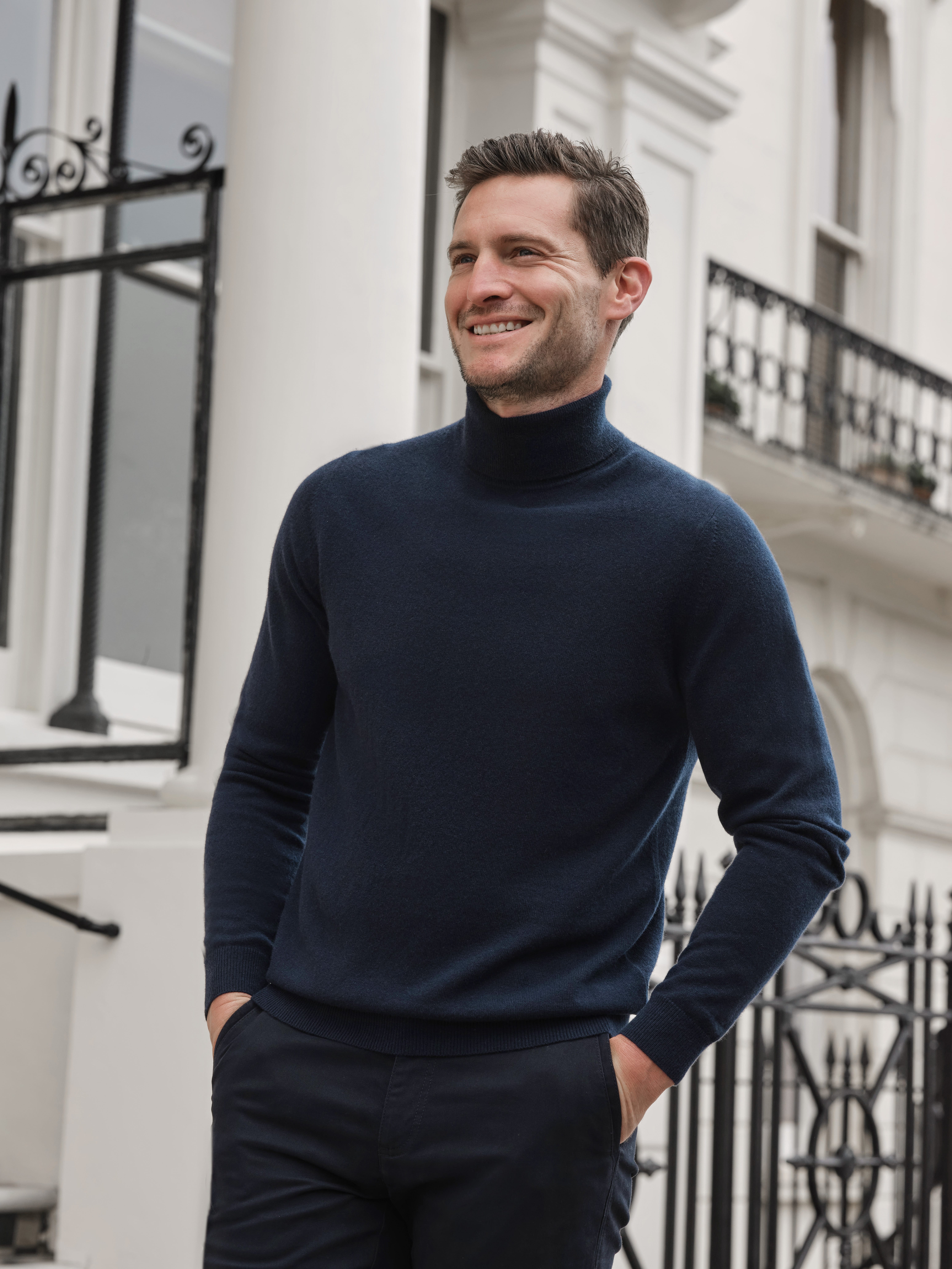 Denim Chambray | Mens Cashmere Roll Neck Sweater | WoolOvers US