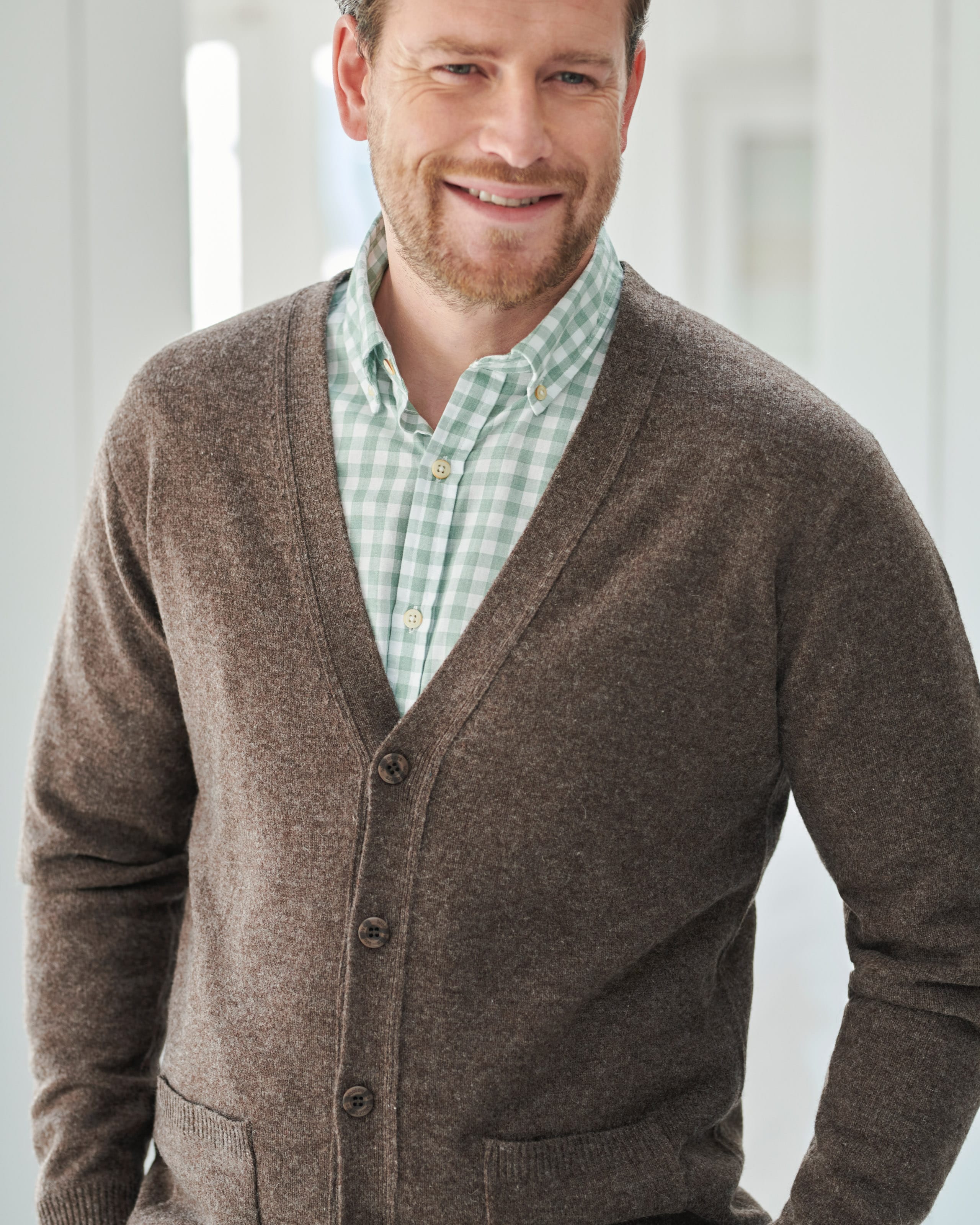 Mink Marl | Mens Lambswool V Neck Cardigan | WoolOvers AU