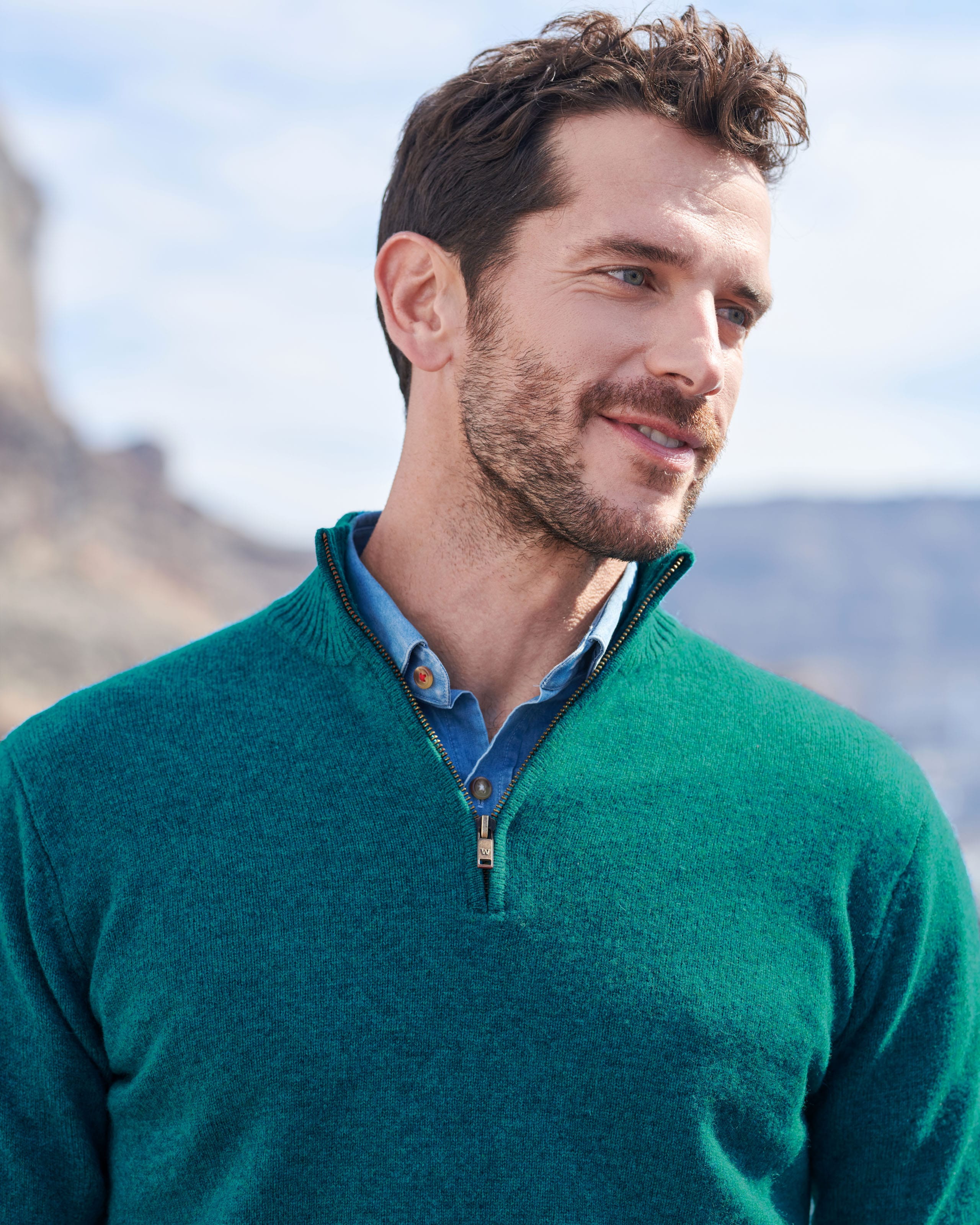 Bright Teal | Mens Lambswool Zip Neck Jumper | WoolOvers AU