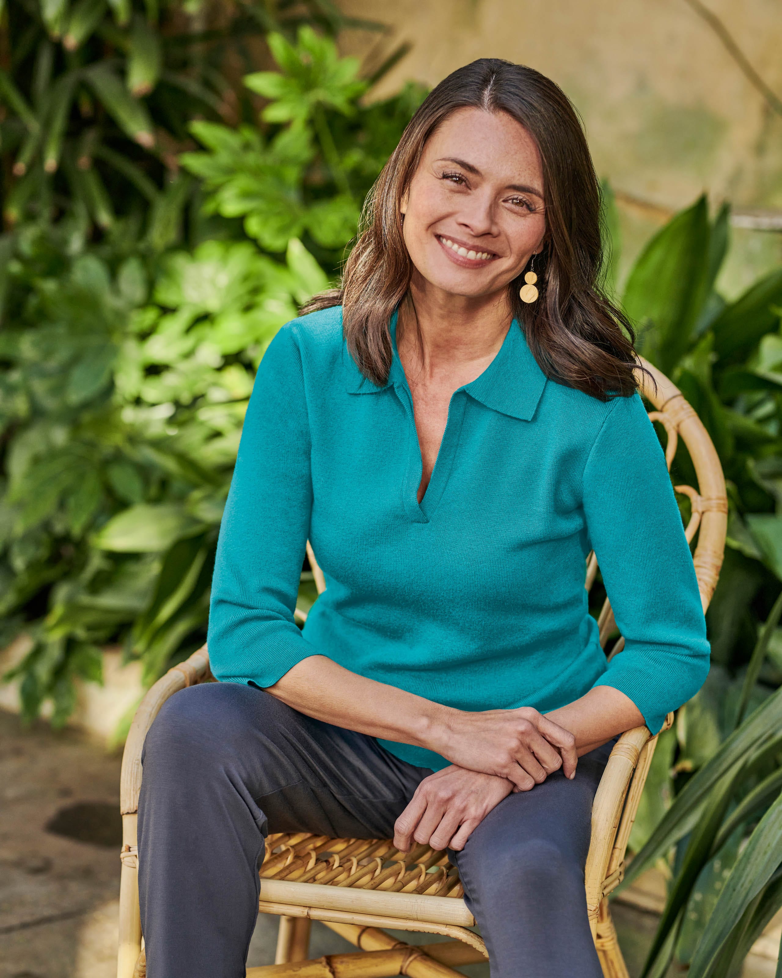 Ocean Teal | Cotton Cashmere Open Polo Neck Top | WoolOvers AU