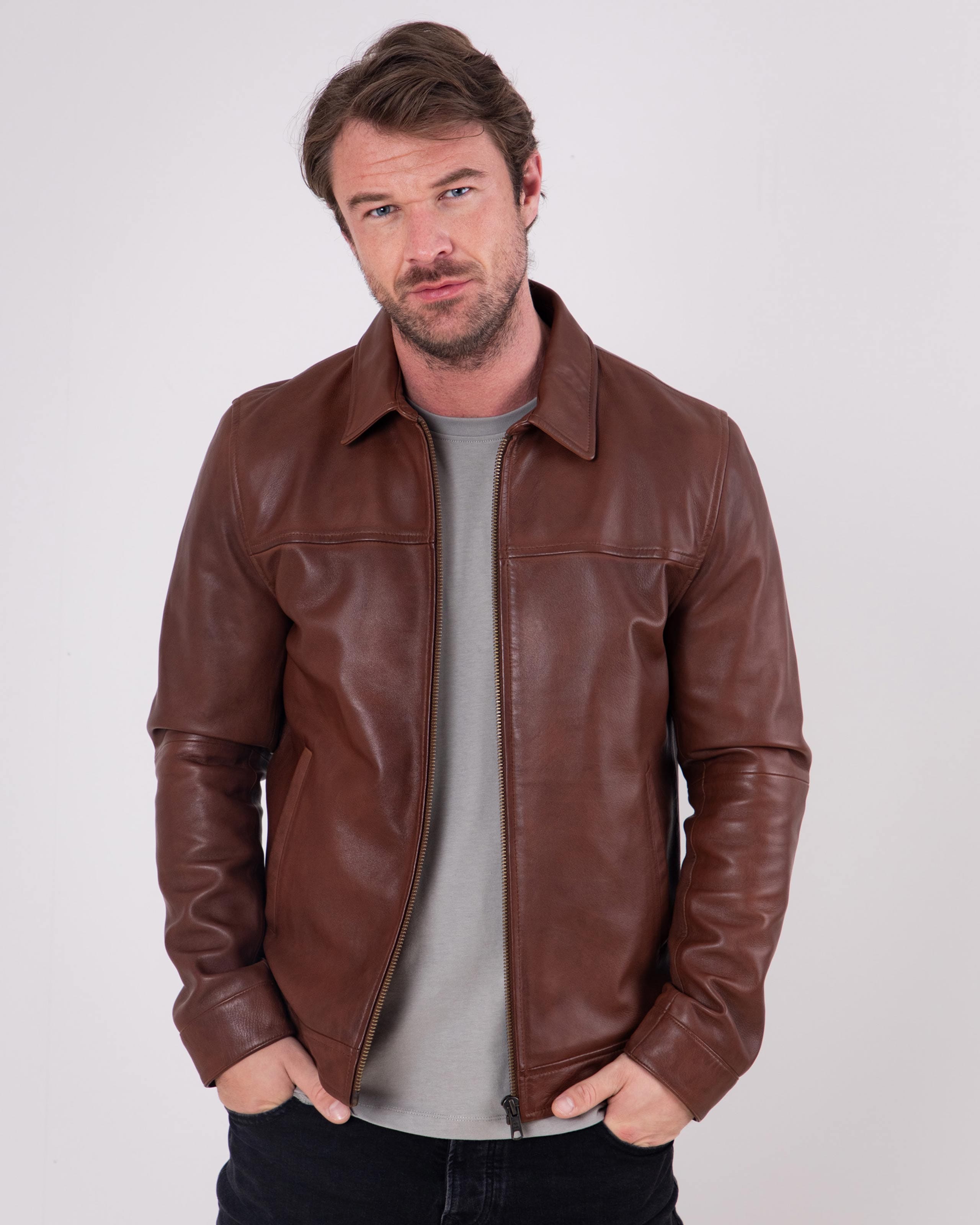 Cognac | Renwick Collared Leather Jacket | WoolOvers UK
