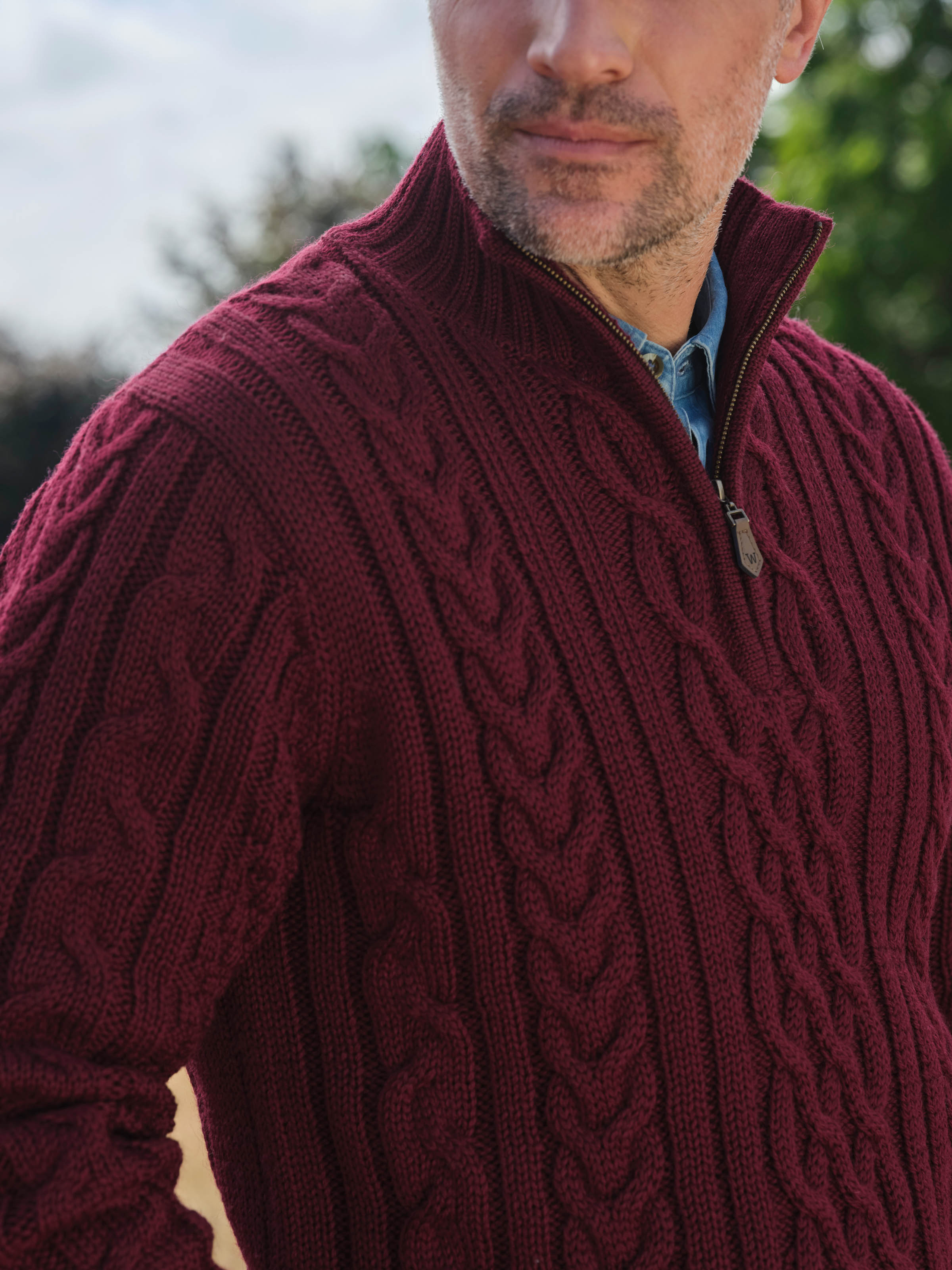 Mahogany | Pure Wool Knitted Aran Cable Zip Neck Sweater | WoolOvers US