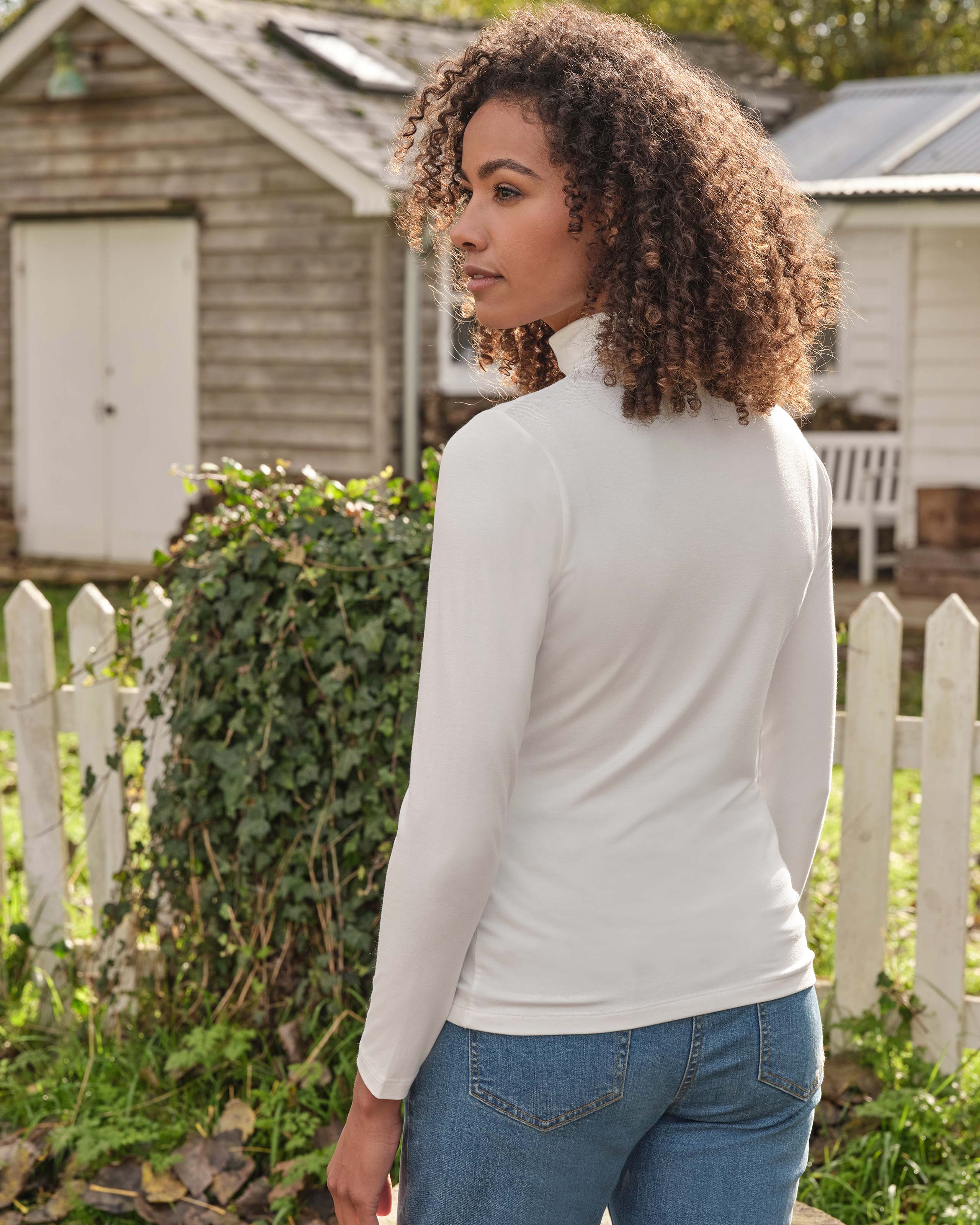 Cream | Jersey Slim Polo Neck Top | WoolOvers AU