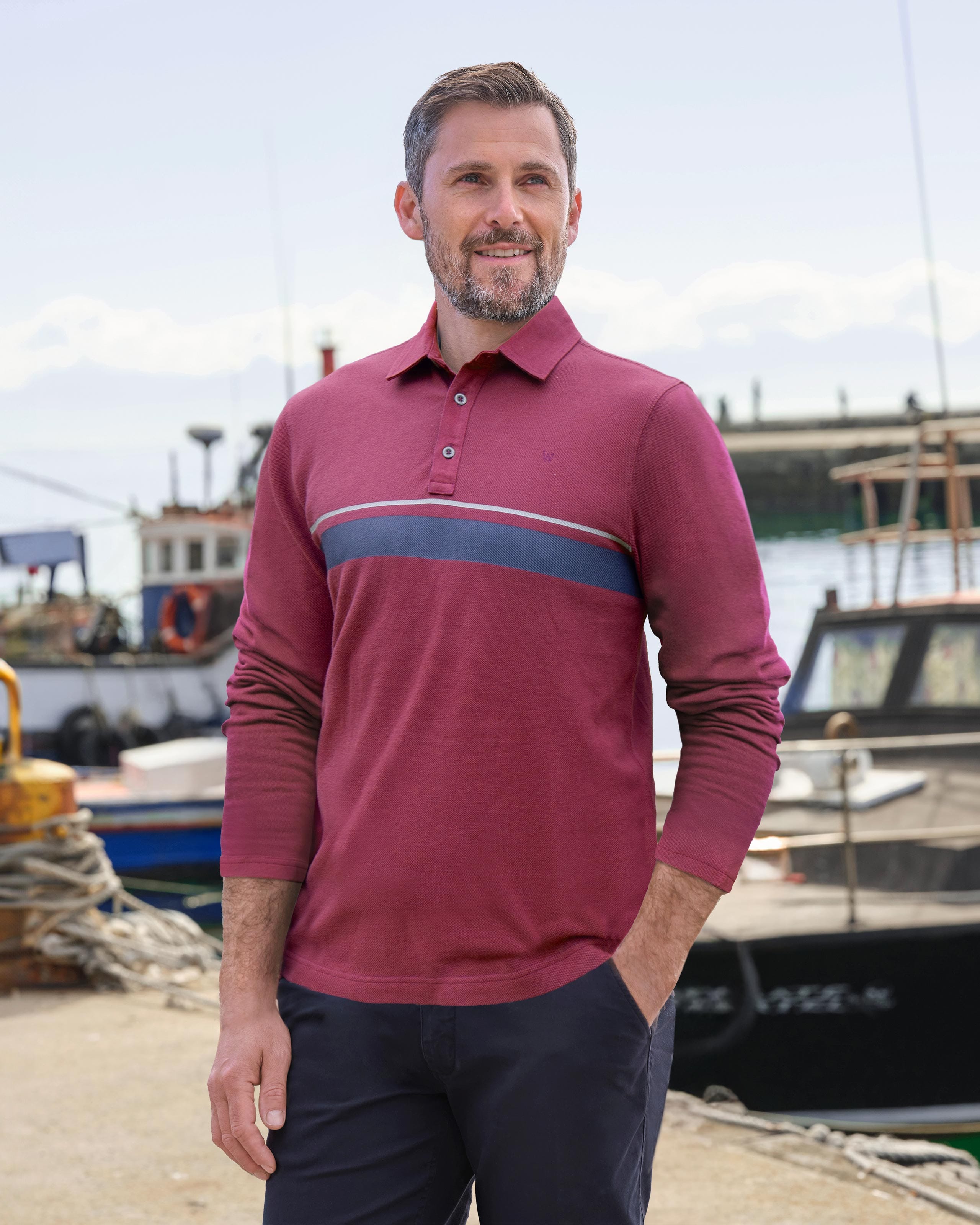 Maroon/Navy Stripe | Classic Long Sleeve Polo Shirt | WoolOvers AU