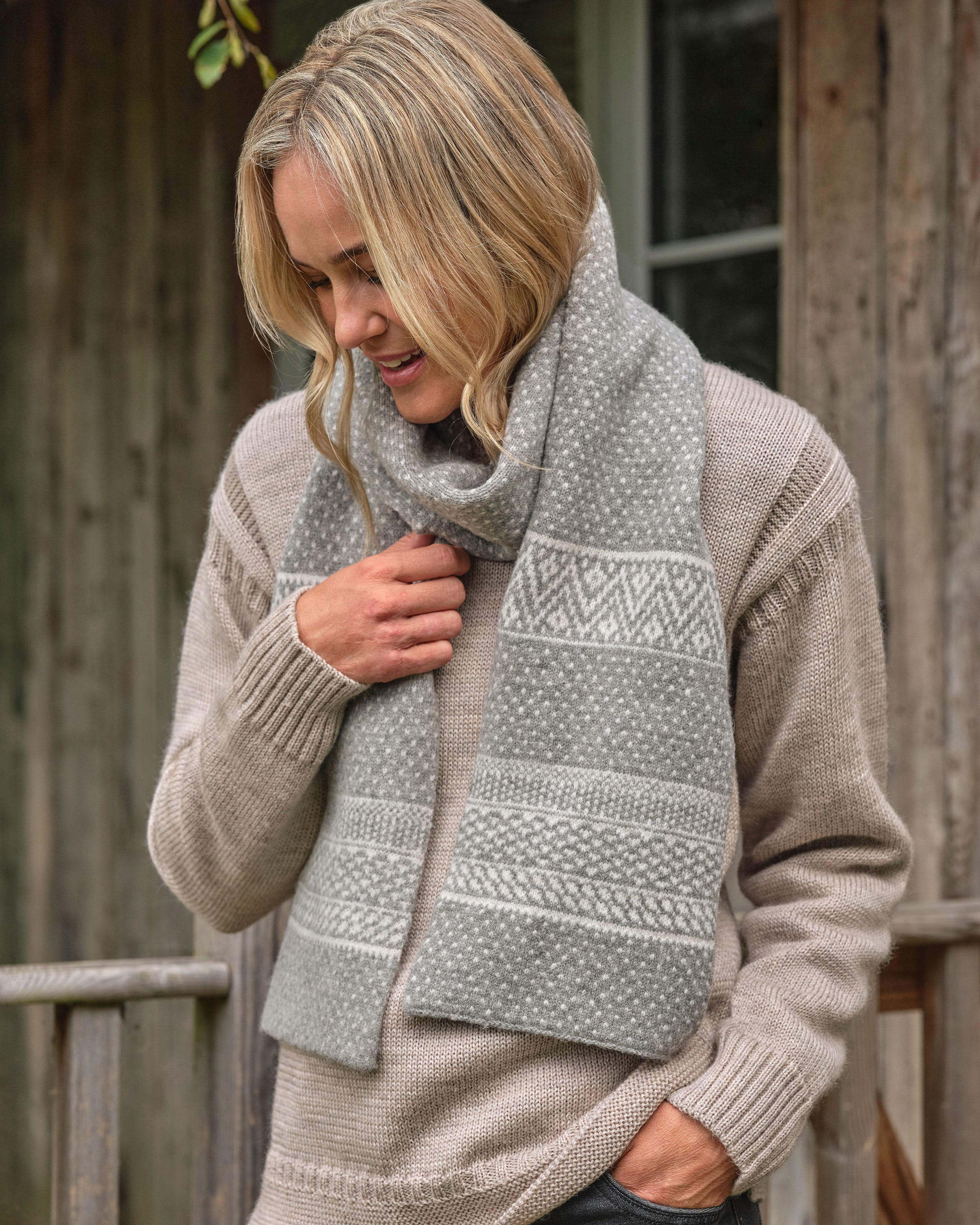 Grey/Cream | Nordic Stitch Fairisle Scarf | WoolOvers UK
