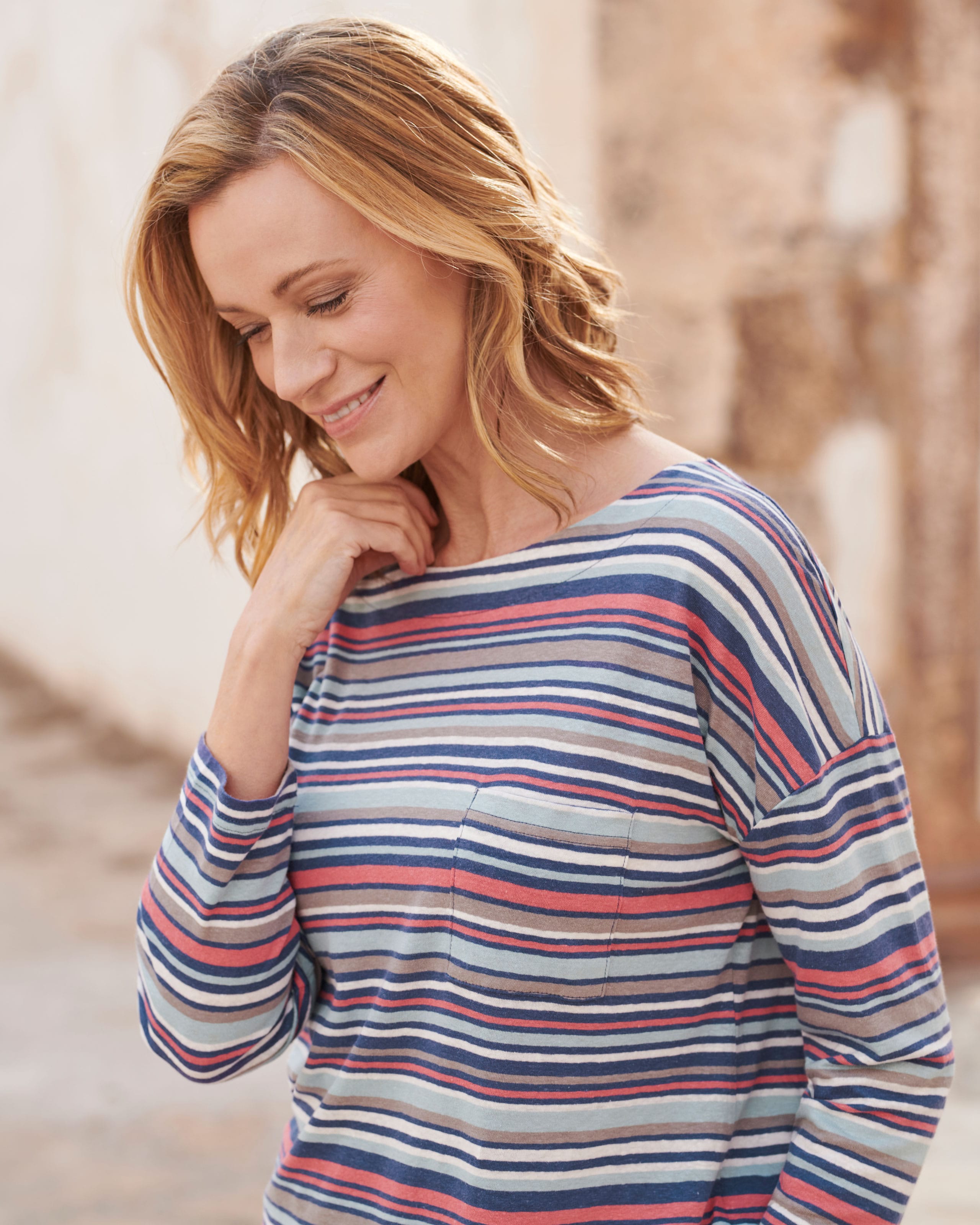 Multi Stripe | Linen Blend Pocket Dolman Top | WoolOvers UK