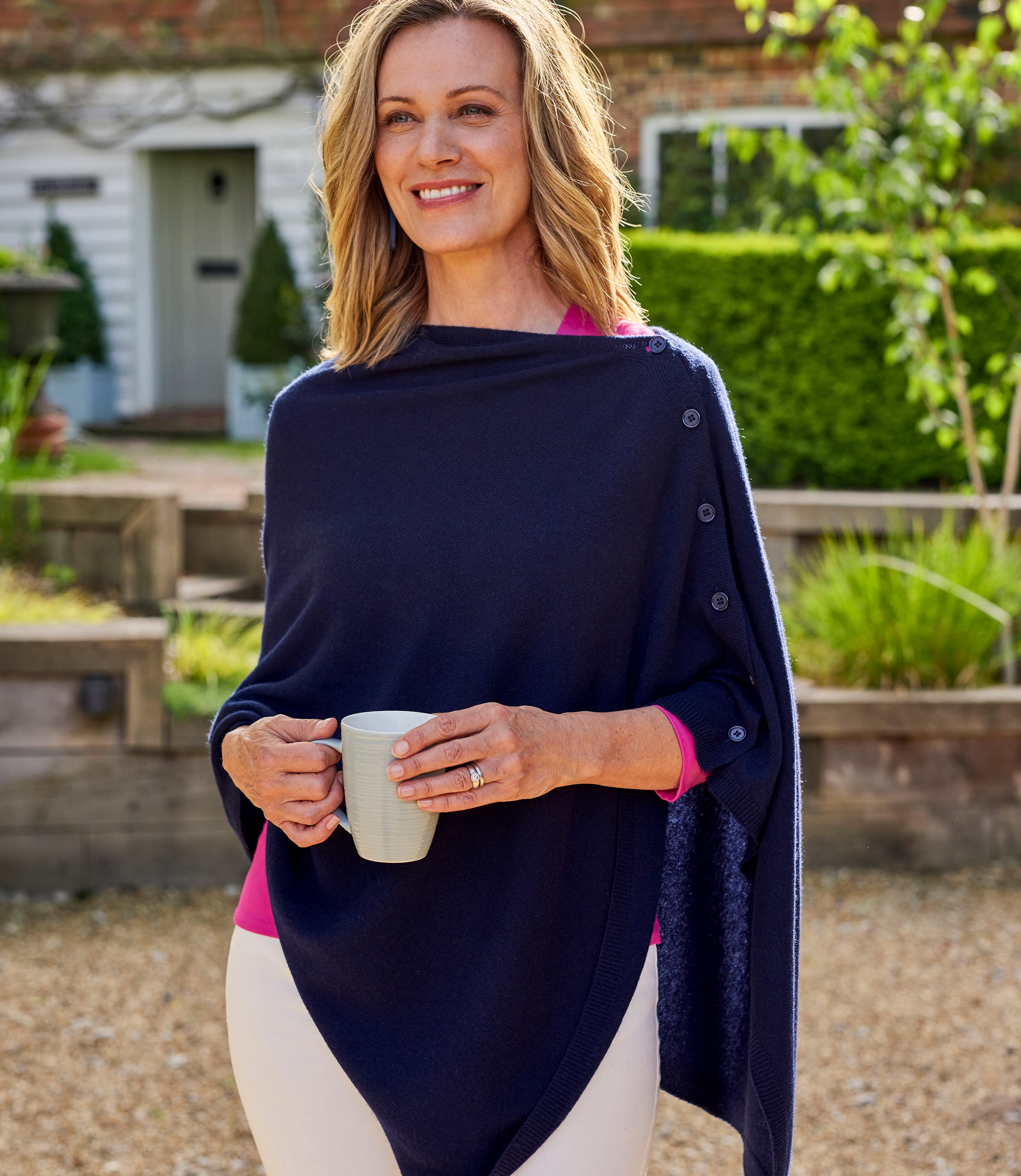 Navy | Cashmere Merino Blend Button Poncho | WoolOvers AU