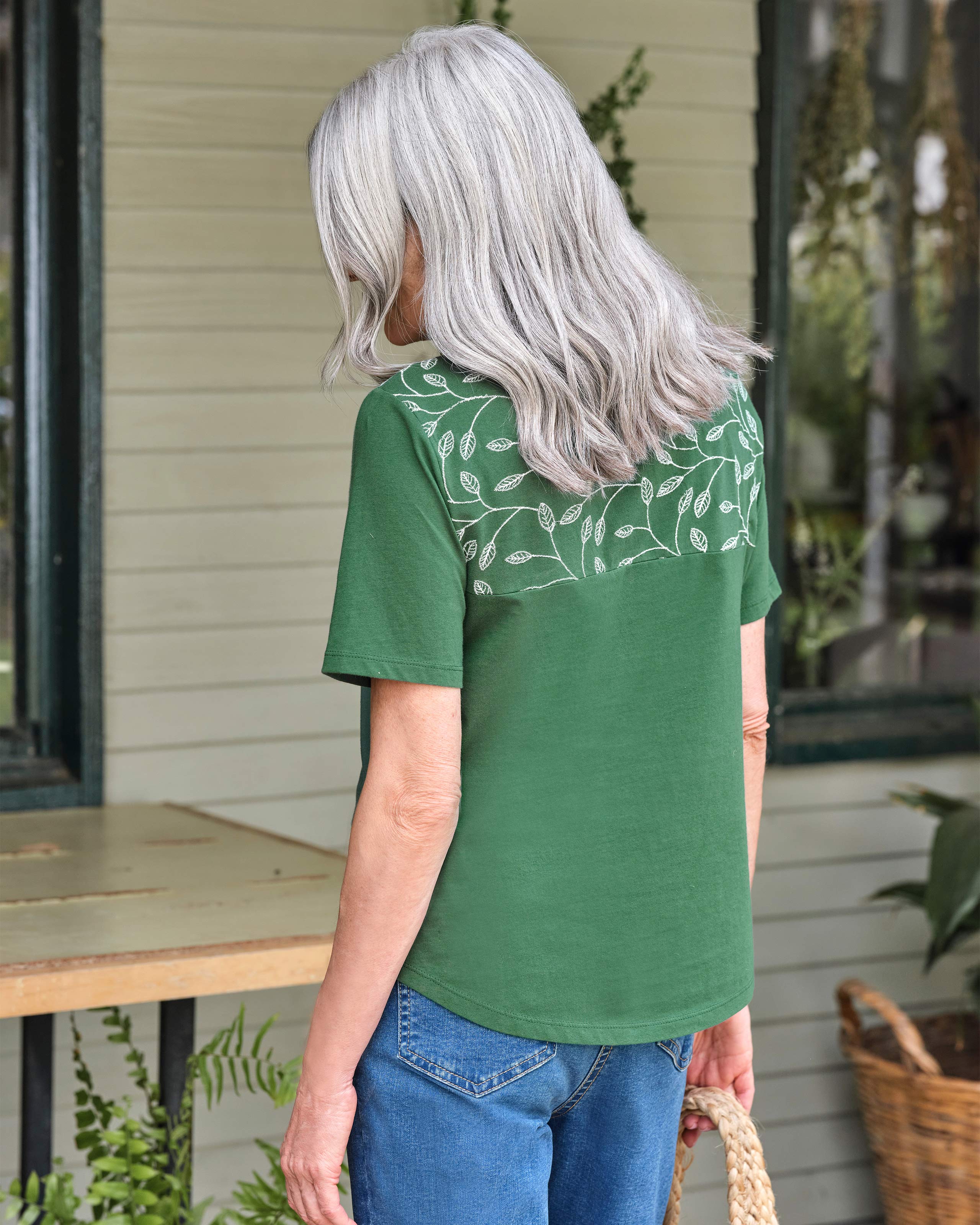 Evergreen/White | Embroidered Yoke Top | WoolOvers AU