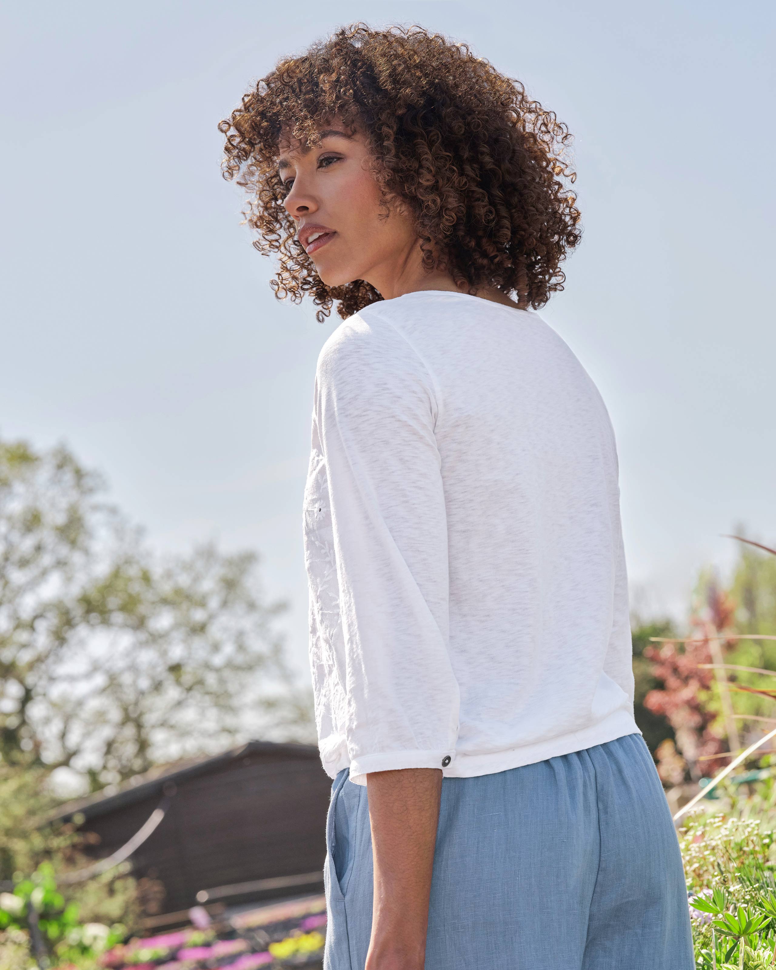 White | 3/4 Length Sleeve Embroidered Tie Hem Top | WoolOvers UK