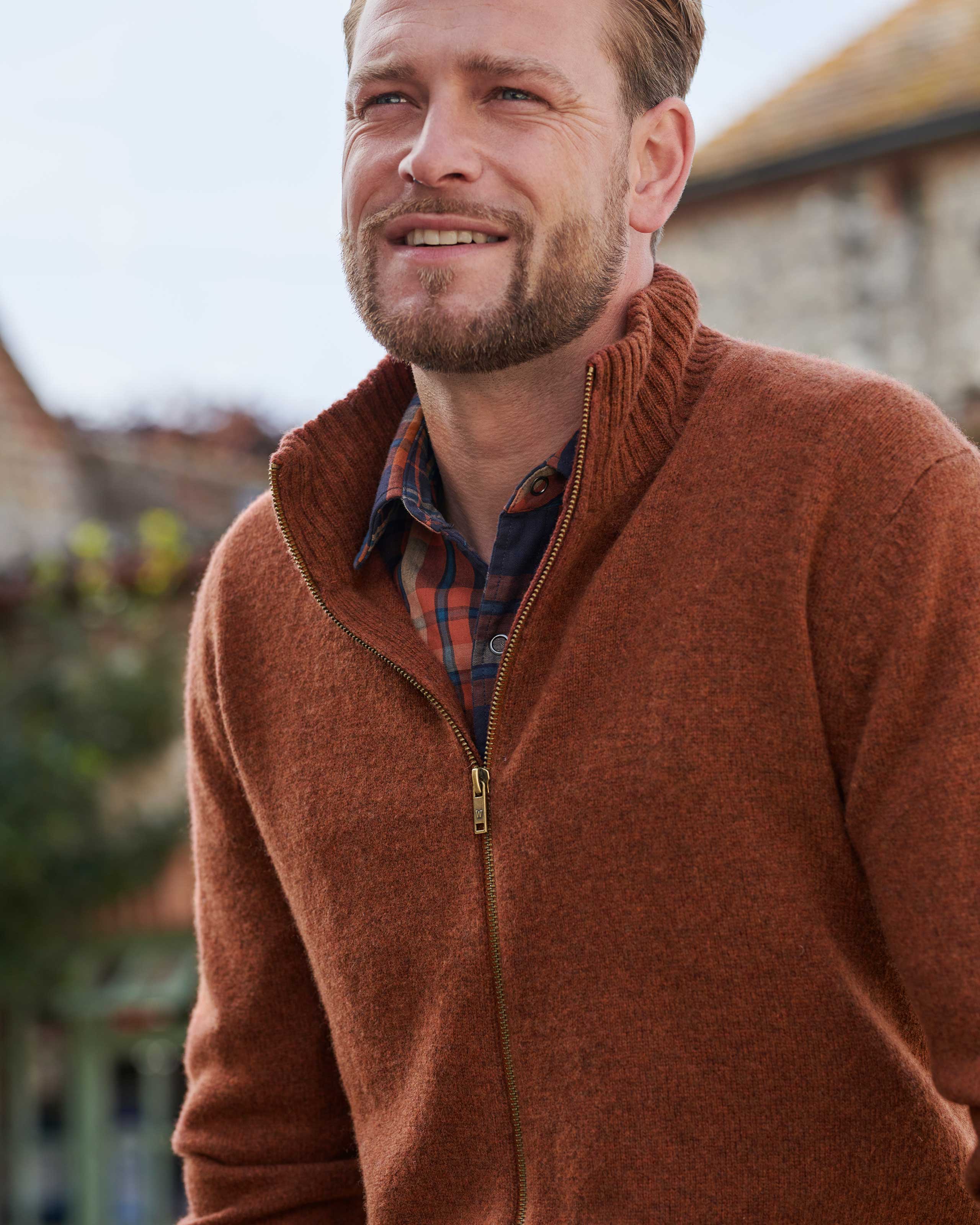 Orange Rust | Mens Lambswool Lincoln Zipper Cardigan | WoolOvers AU