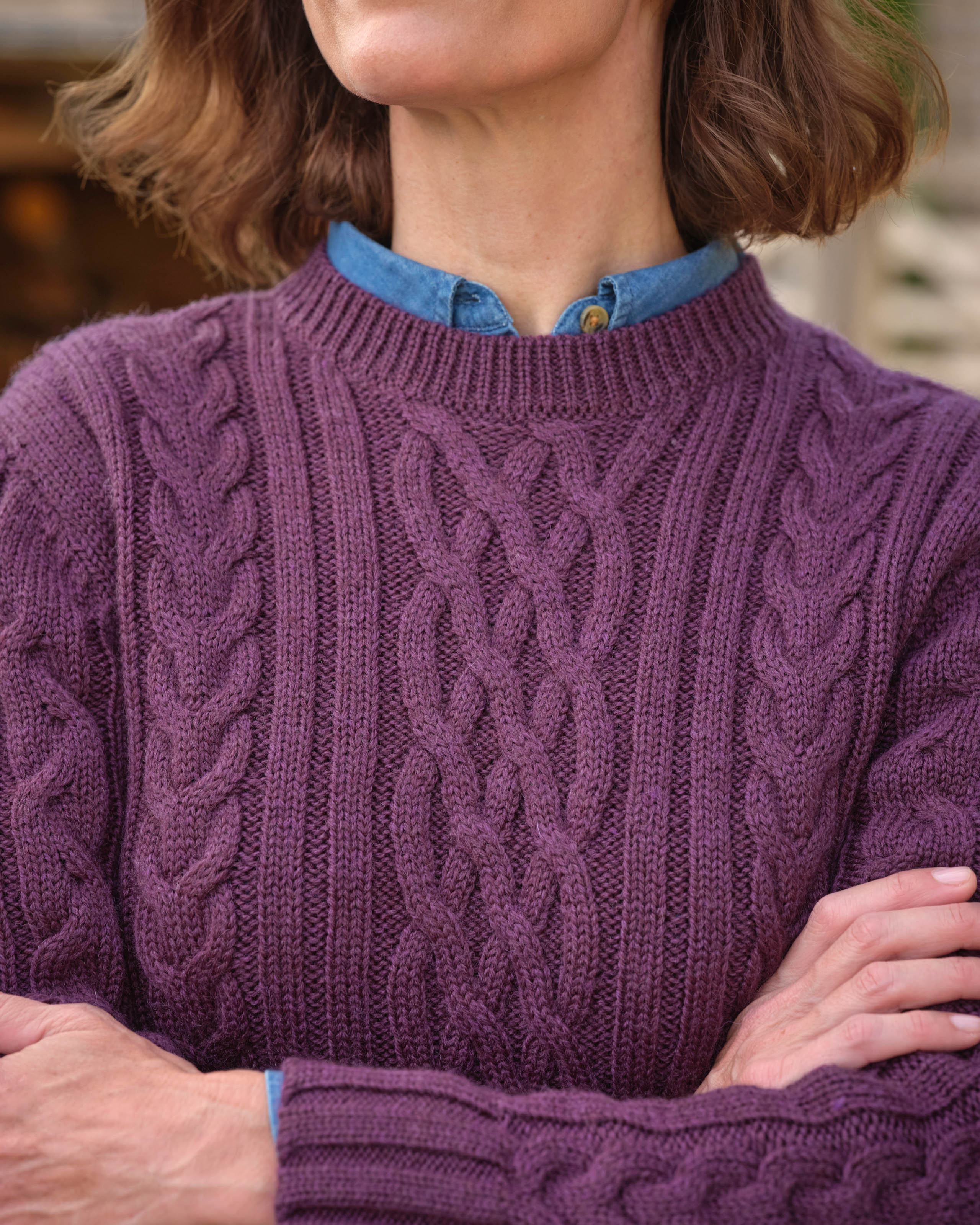 Regal Purple | 100% Pure Wool Aran Crew Neck Sweater | WoolOvers US