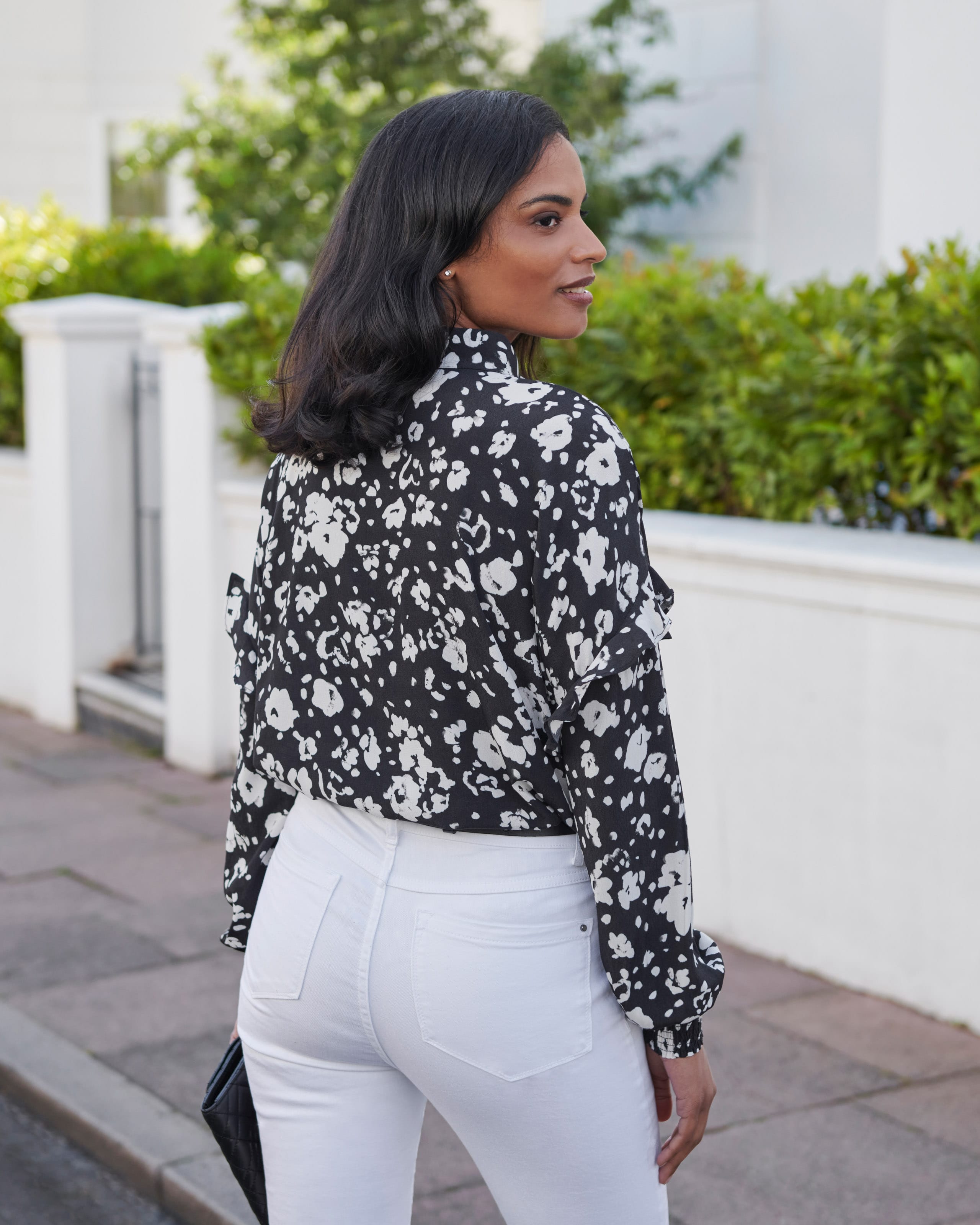 Black/White Floral | Turtle Neck Drop Frill Shoulder Top | WoolOvers US