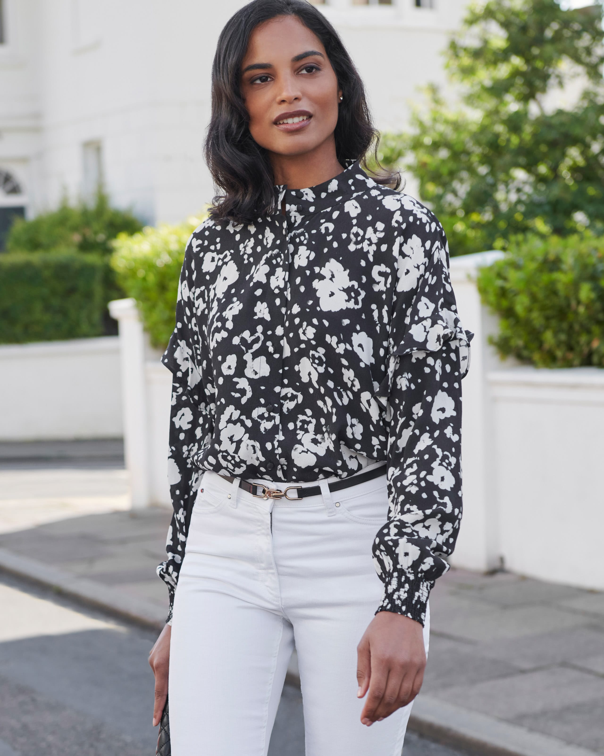 Black/White Floral | Turtle Neck Drop Frill Shoulder Top | WoolOvers US