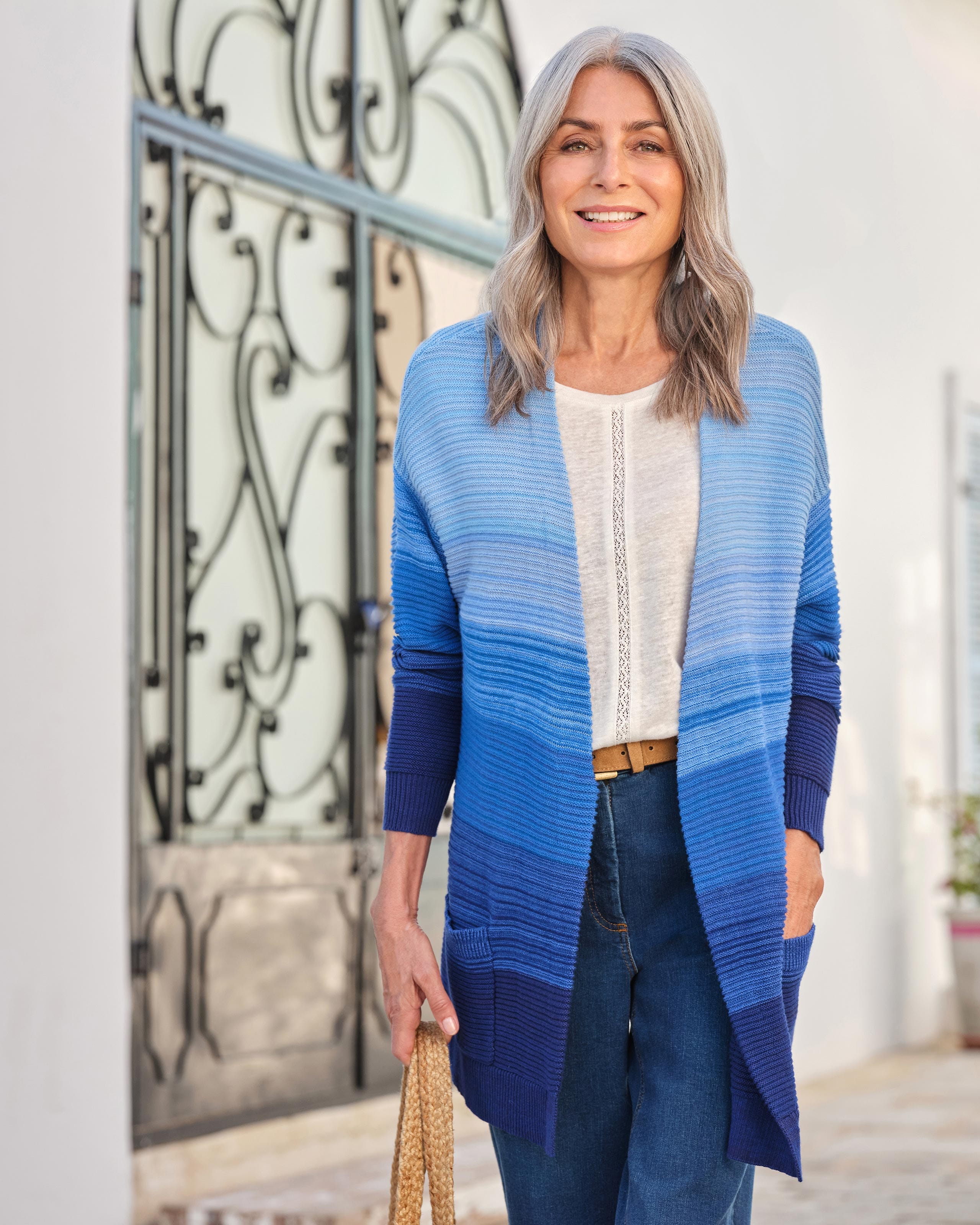 Blue 80% Cotton 20% Wool | Textured Ombre Colour Cardigan