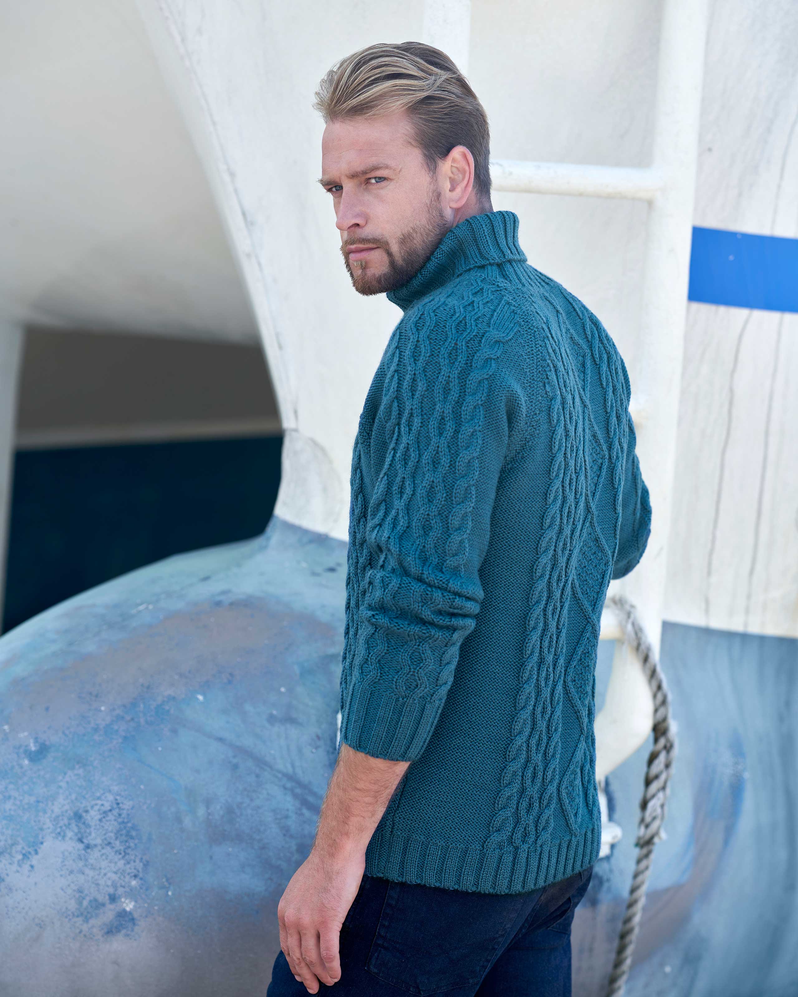 Aegean Sea | Pure Wool Knitted Aran Turtle Neck Sweater | WoolOvers US