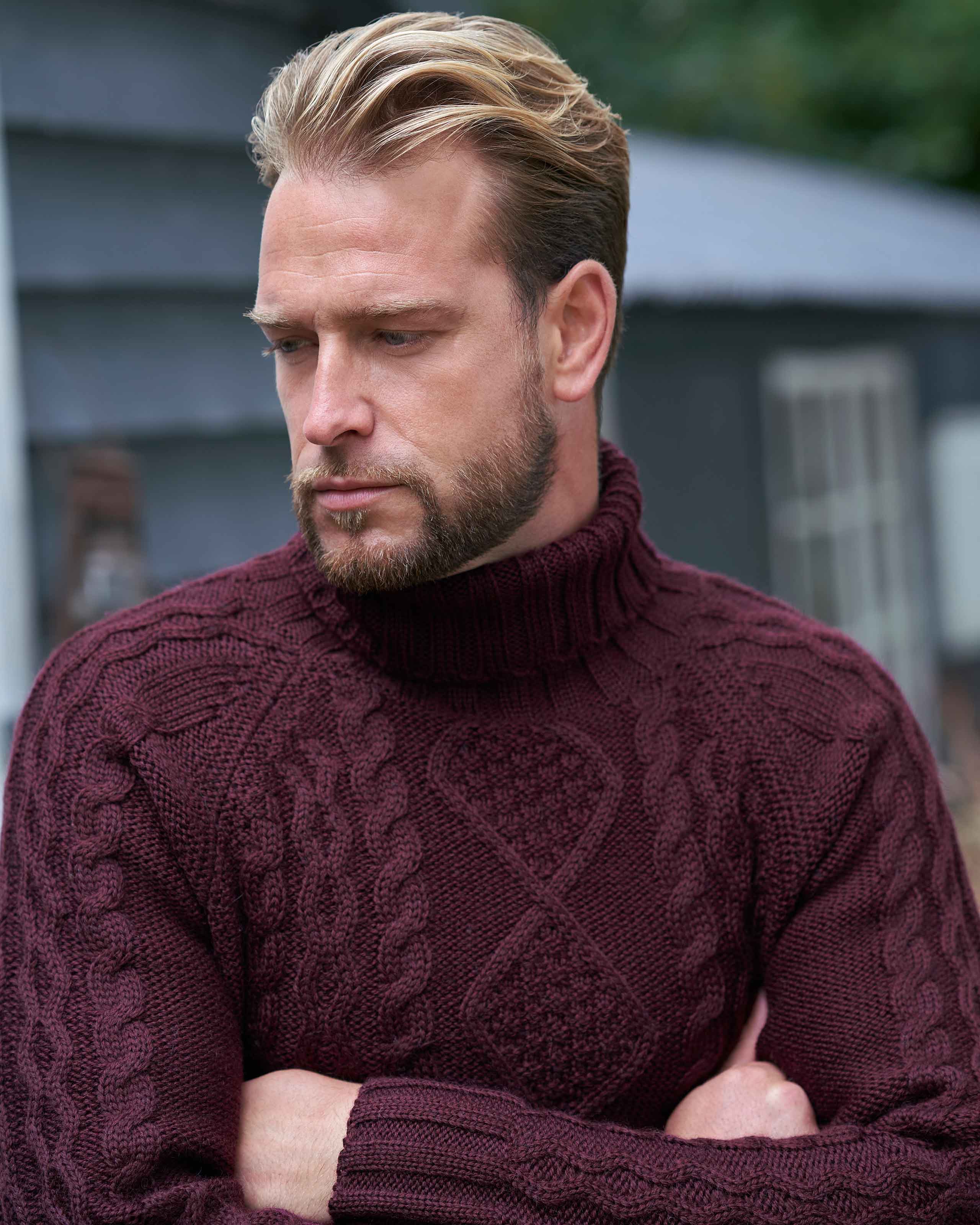 Dark Plum | Pure Wool Knitted Aran Turtle Neck Sweater | WoolOvers US