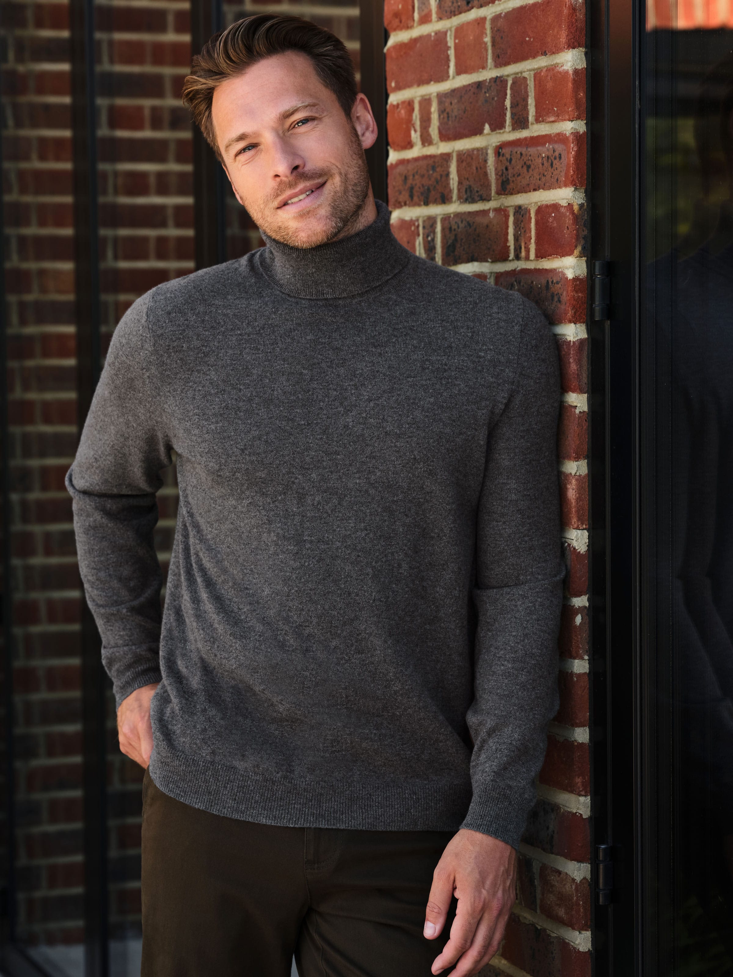 Denim Chambray | Mens Cashmere Roll Neck Sweater | WoolOvers US