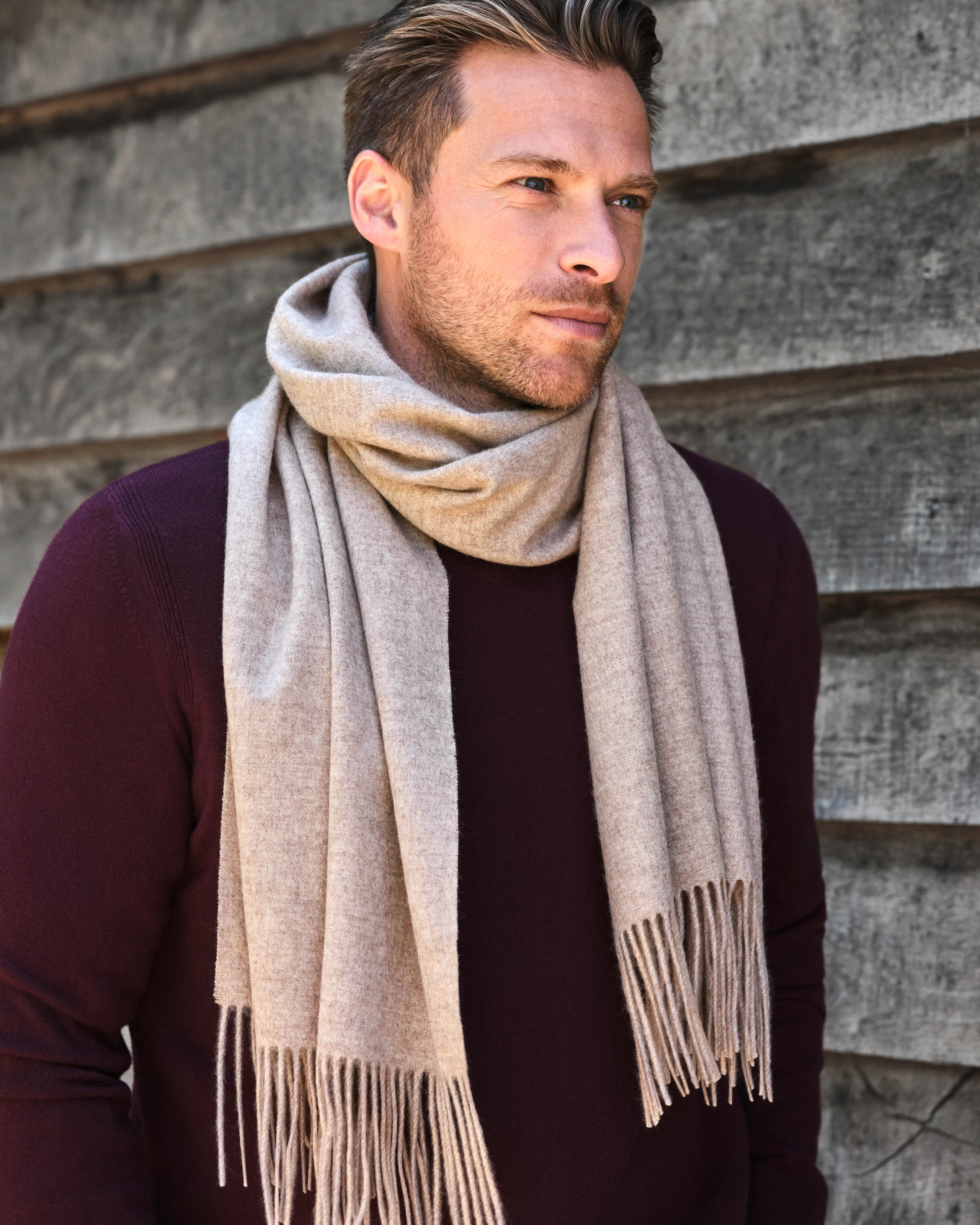 Oatmeal | Mens Cashmere Tassel Scarf | WoolOvers UK