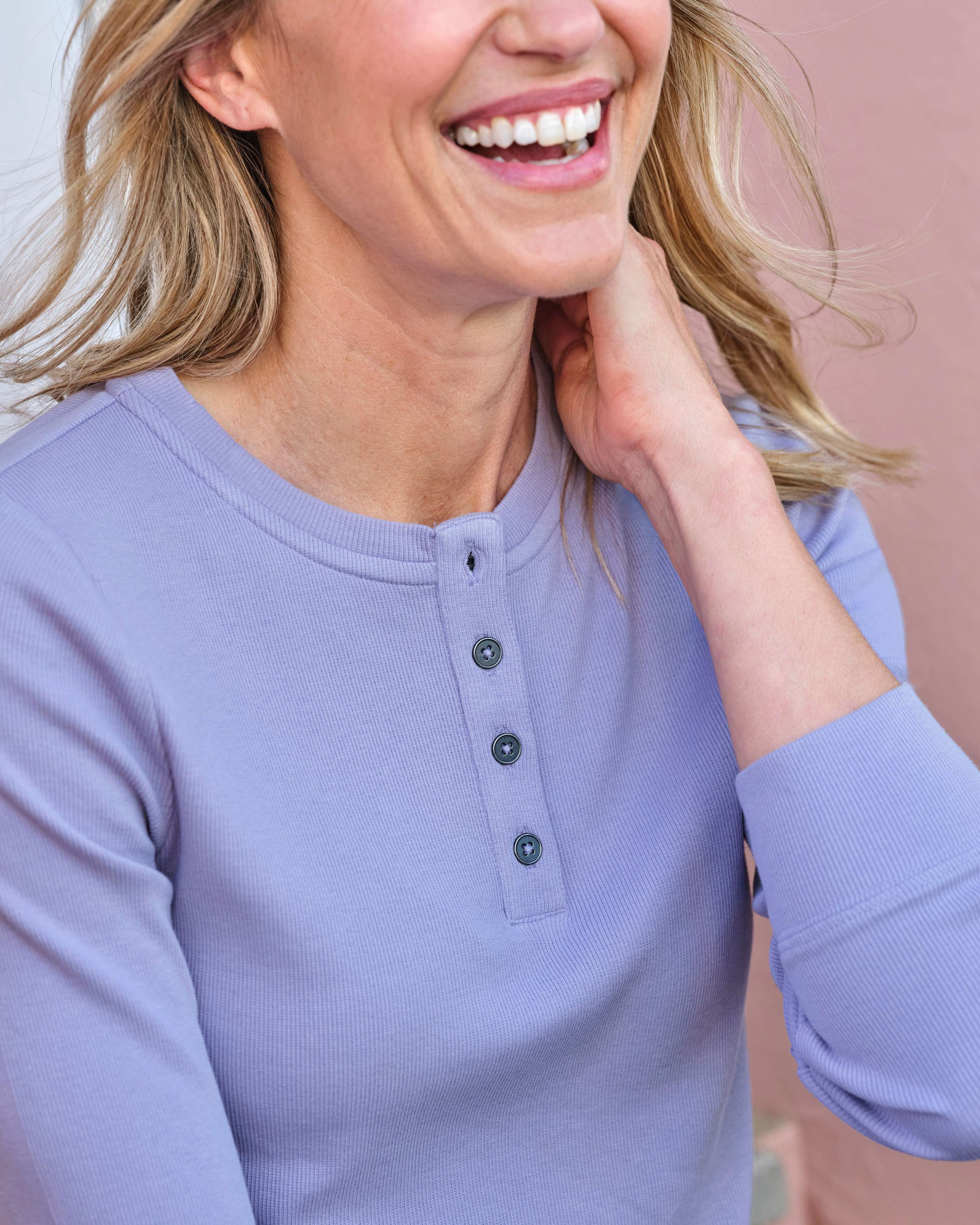 Warm Lilac | Crew Neck Button Henley | WoolOvers UK