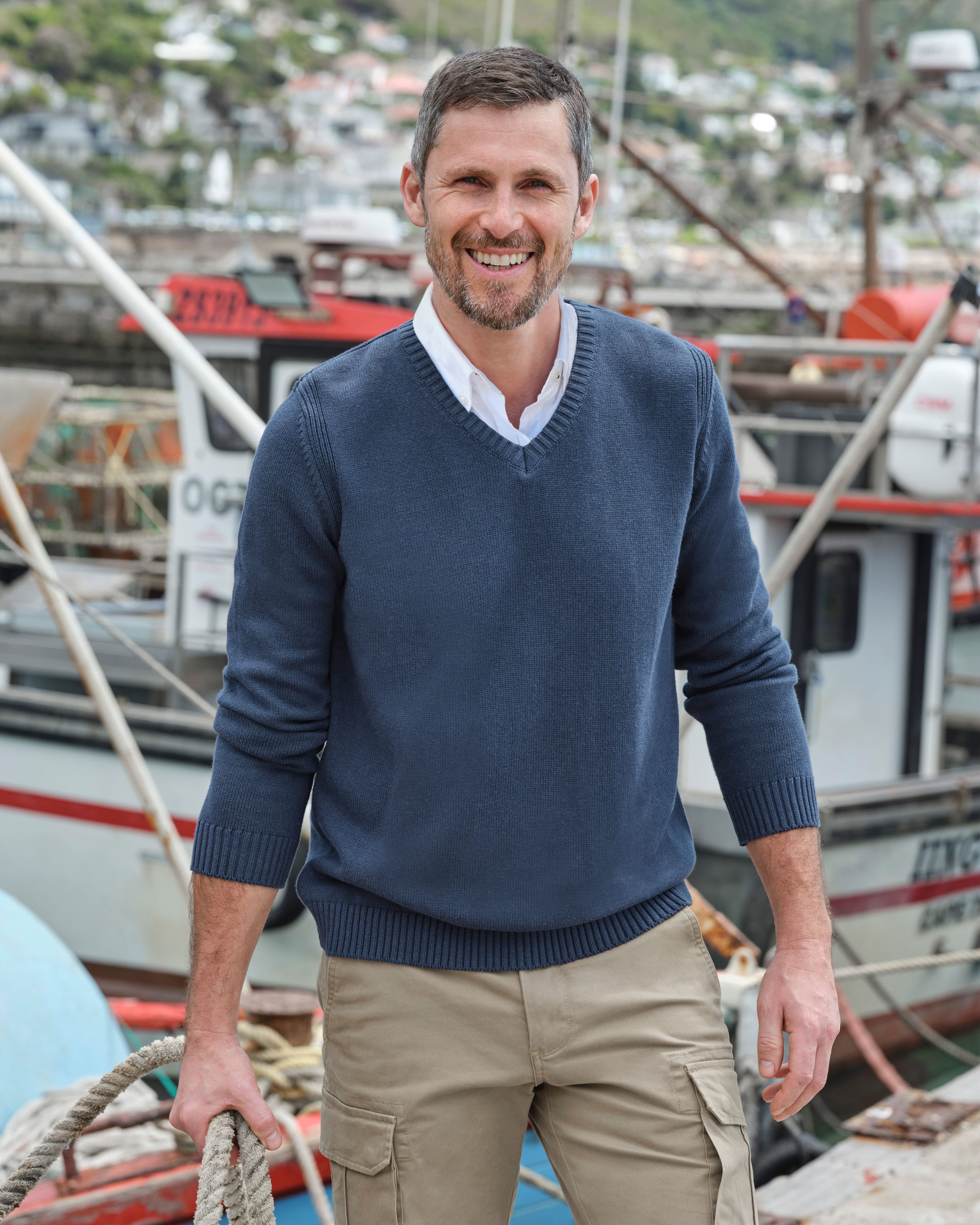 Denim Marl | Essential Cotton V Neck | WoolOvers UK