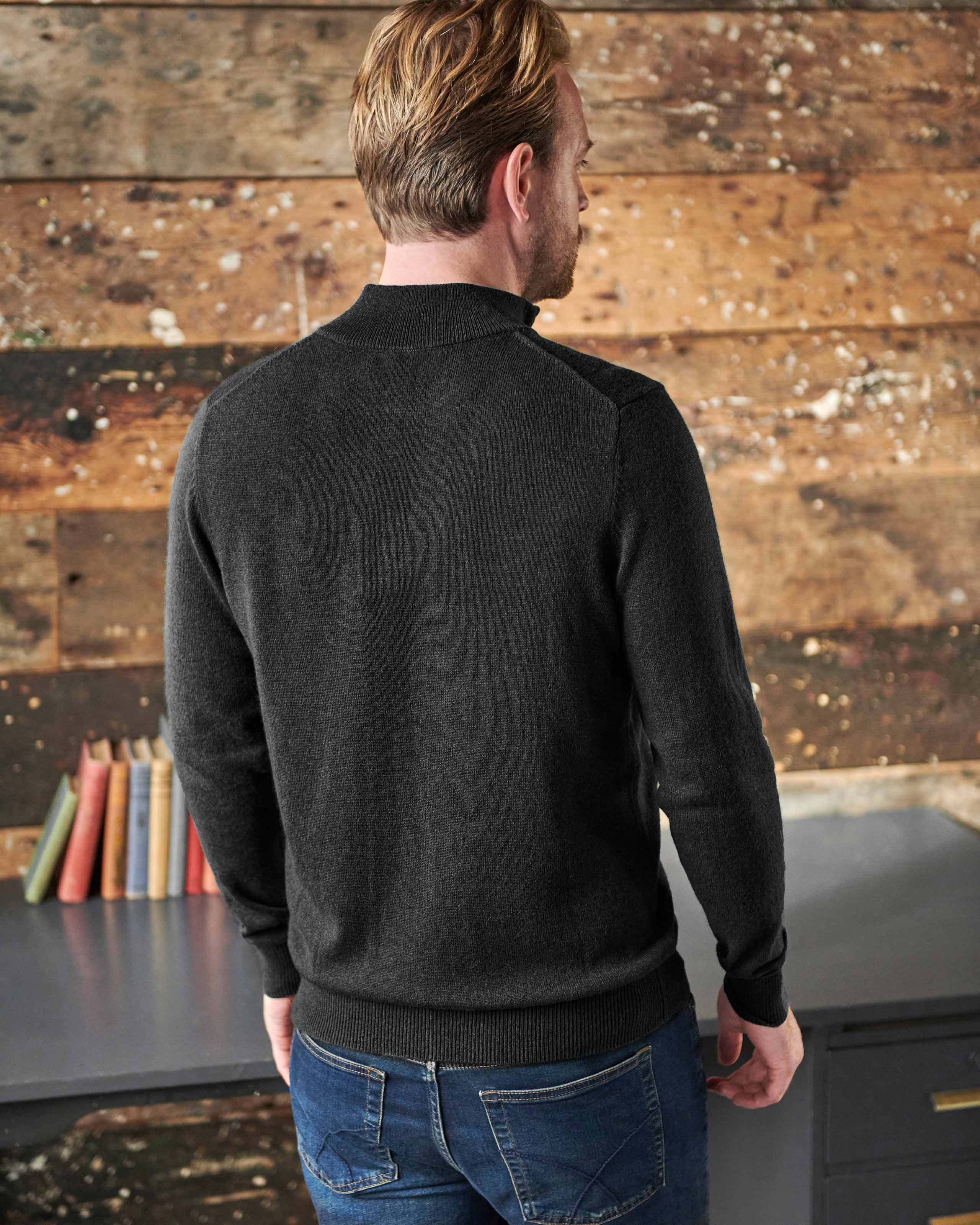 Black | Cashmere & Merino Zip Neck Jumper | WoolOvers AU
