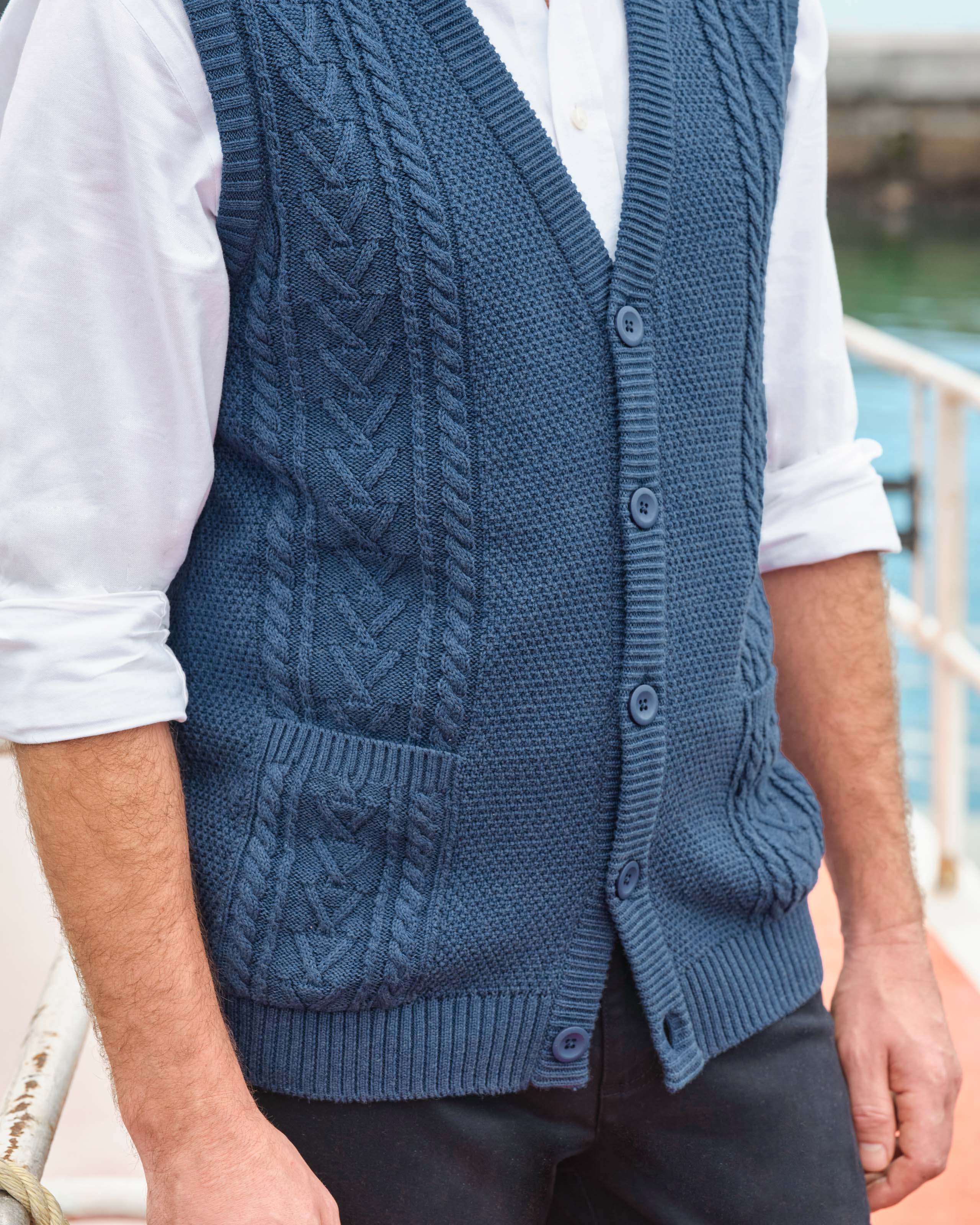 Denim Marl | Mens Cable Waistcoat | WoolOvers AU