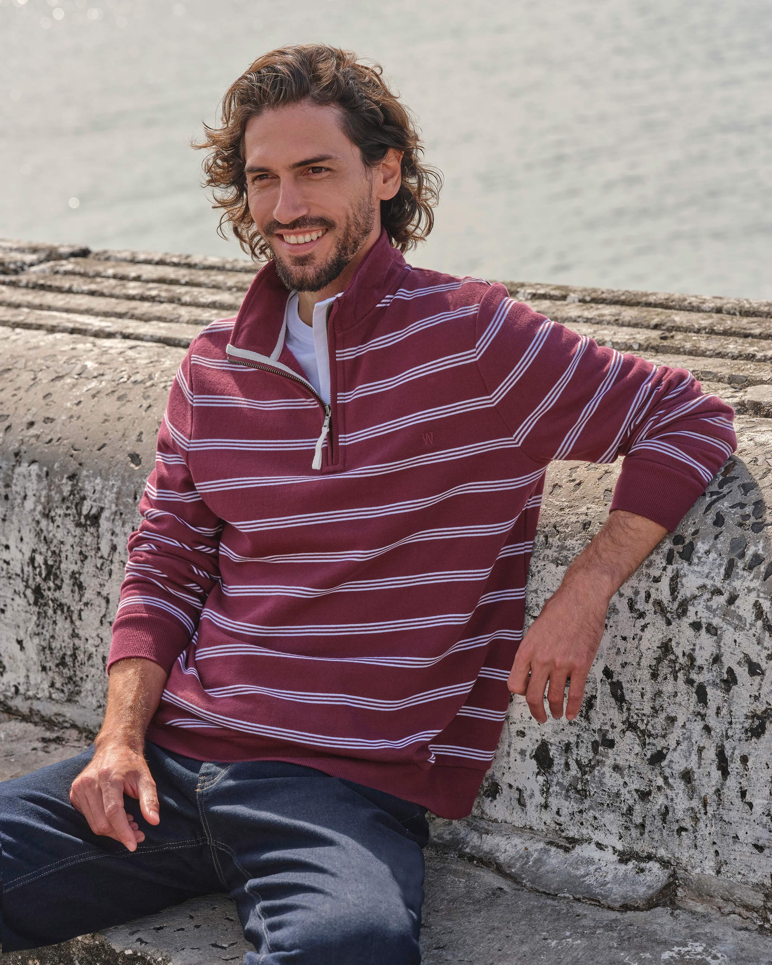 Raspberry Stripe | Cotton Half Zip Jumper | WoolOvers UK