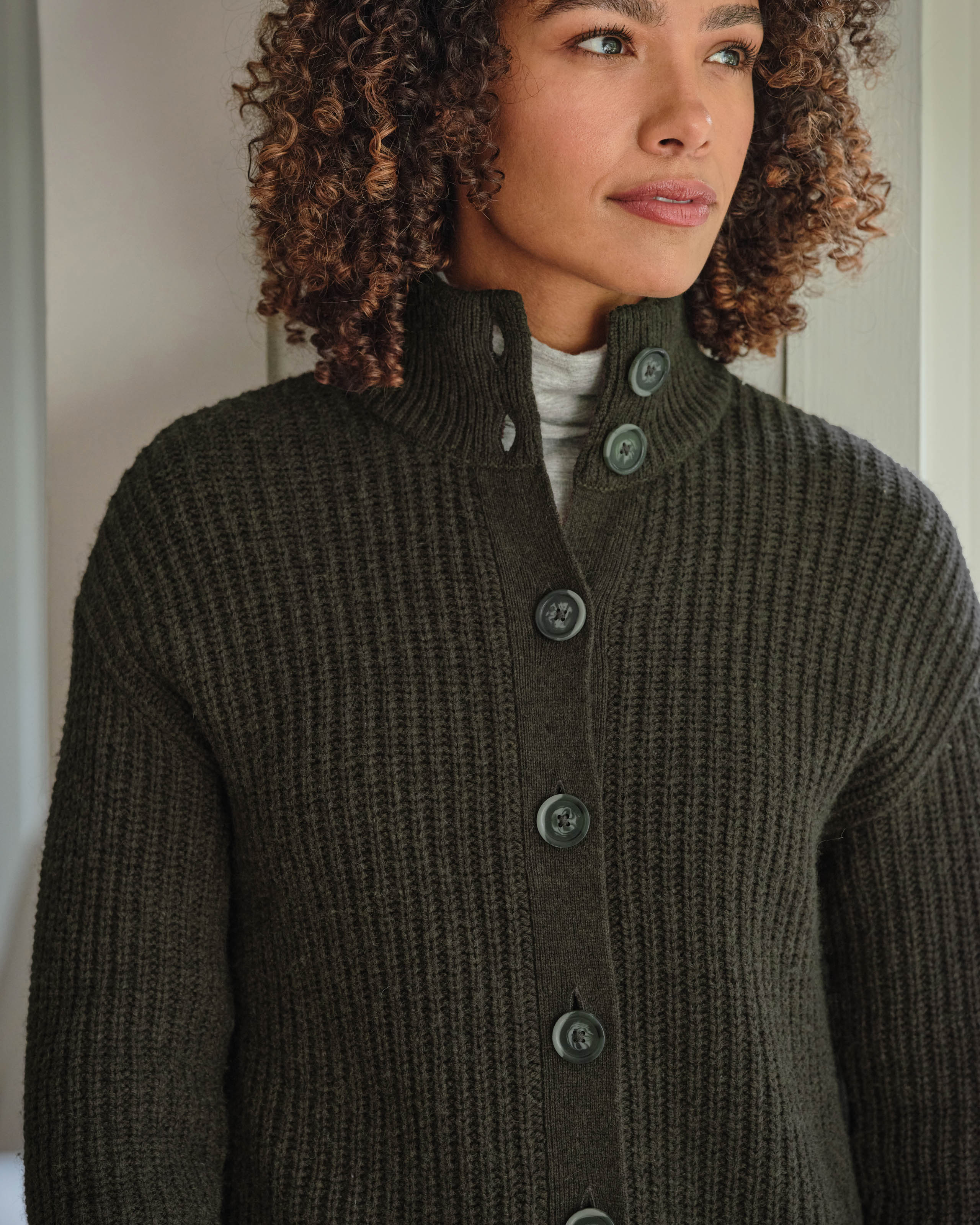 Khaki | Longline Button Neck Cardigan | WoolOvers US