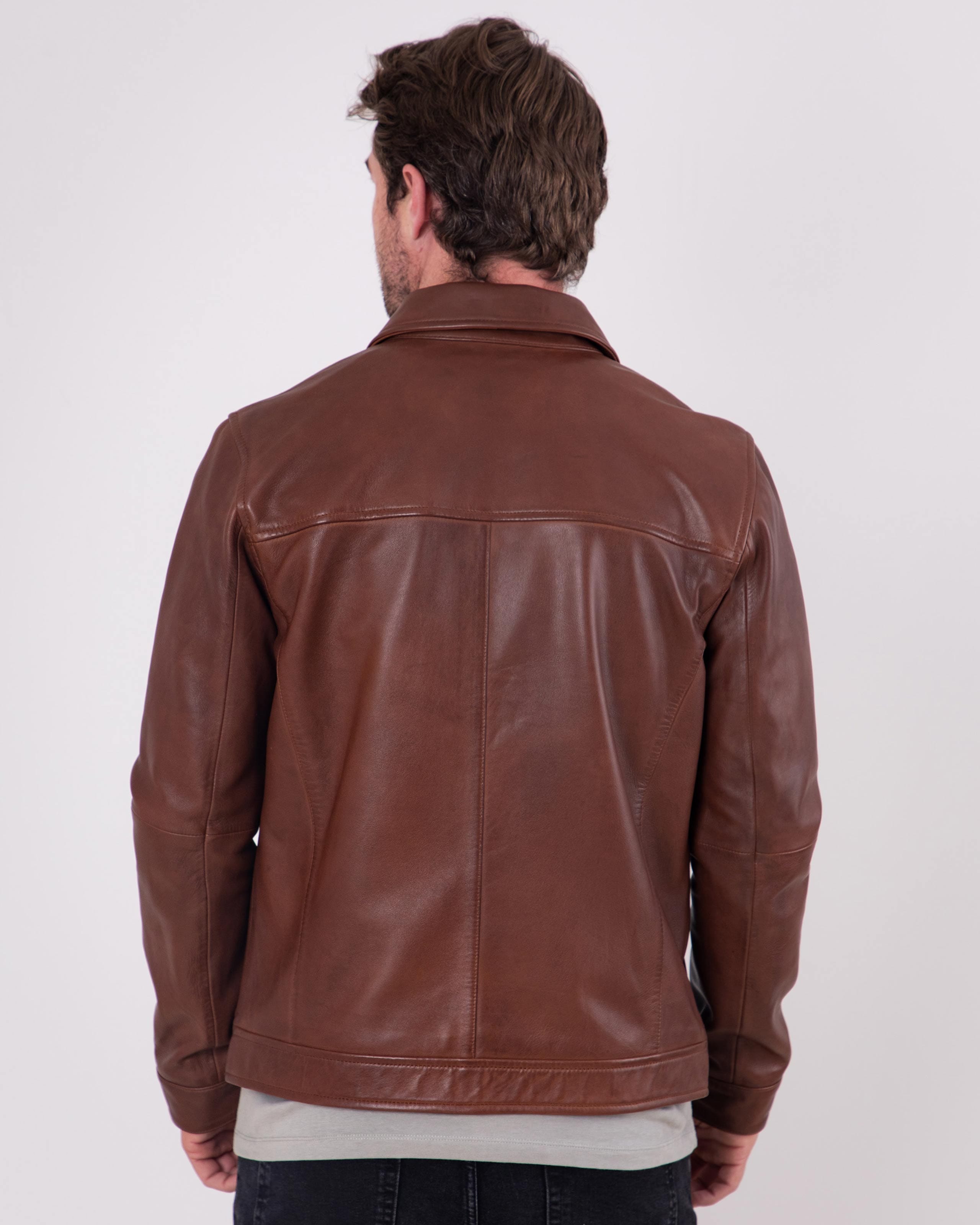 Cognac | Renwick Collared Leather Jacket | WoolOvers UK
