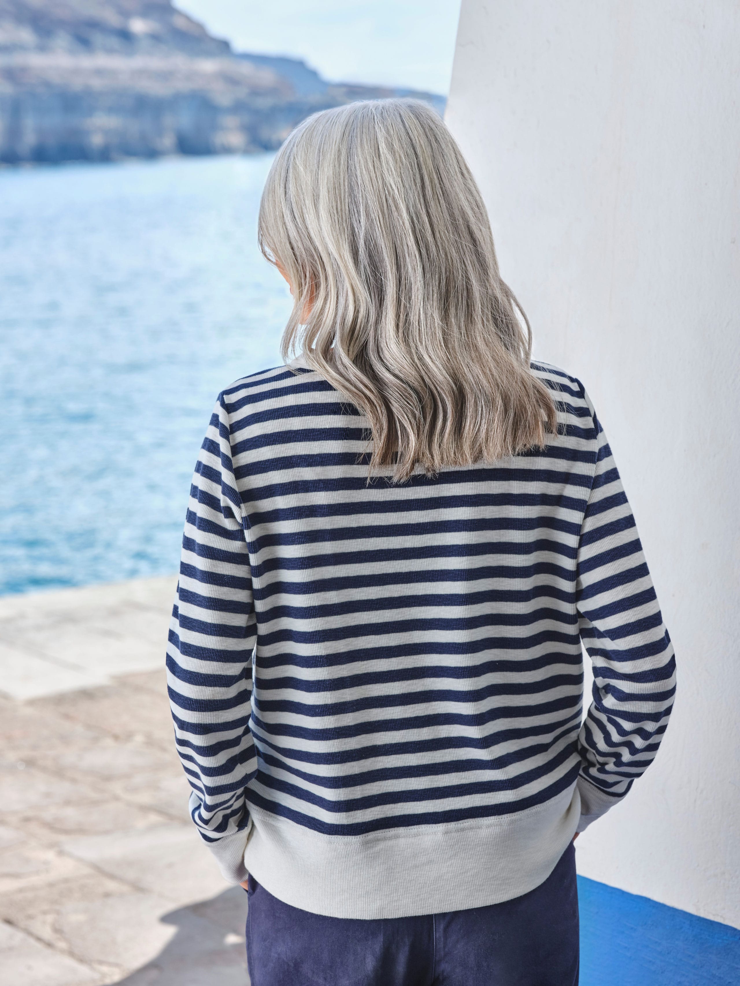Navy/White Stripe | Jersey Ribbed Covered Button Cardigan | WoolOvers AU