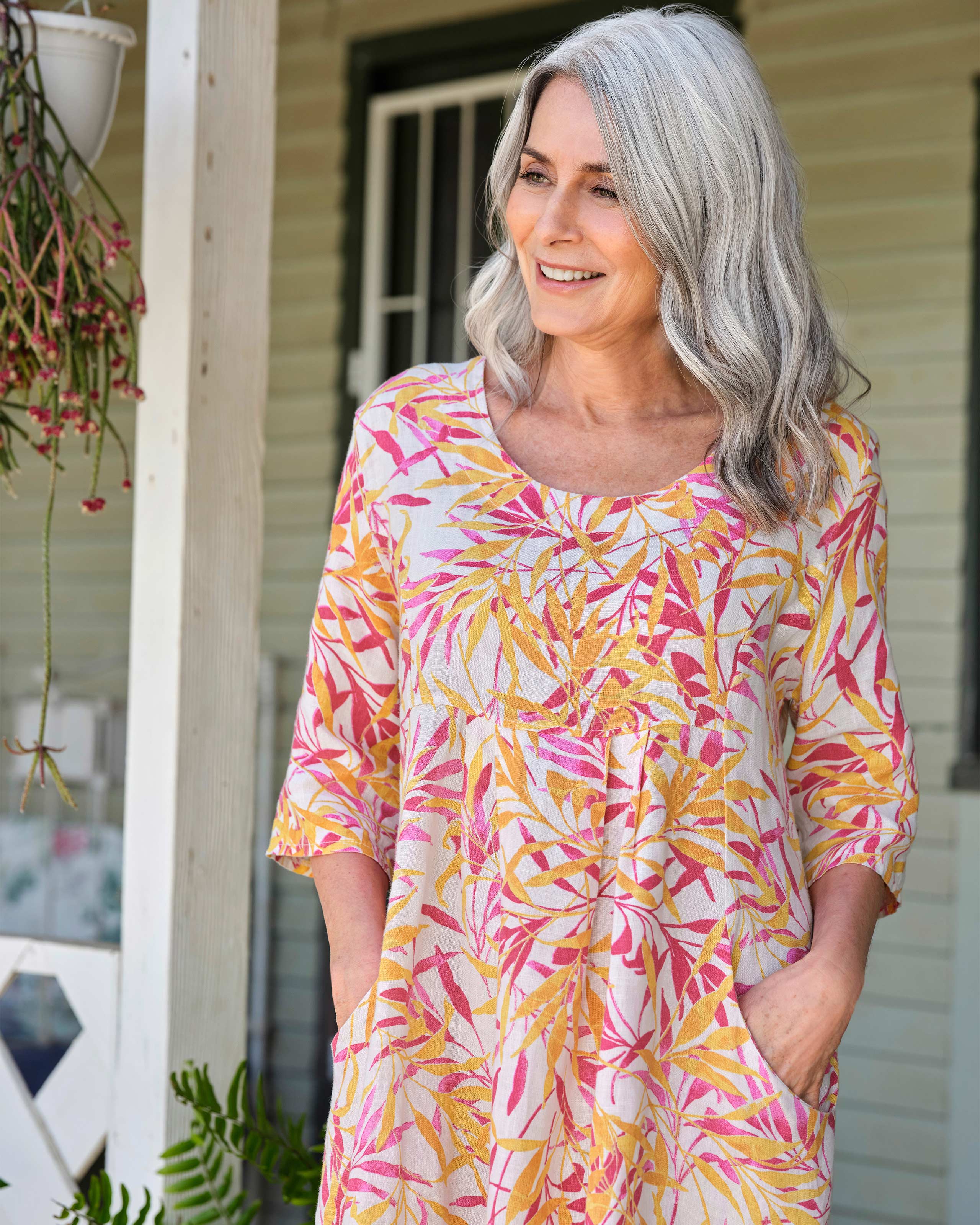 Exotic Palm Print | Womens Linen Pocket Tunic Dress | WoolOvers US
