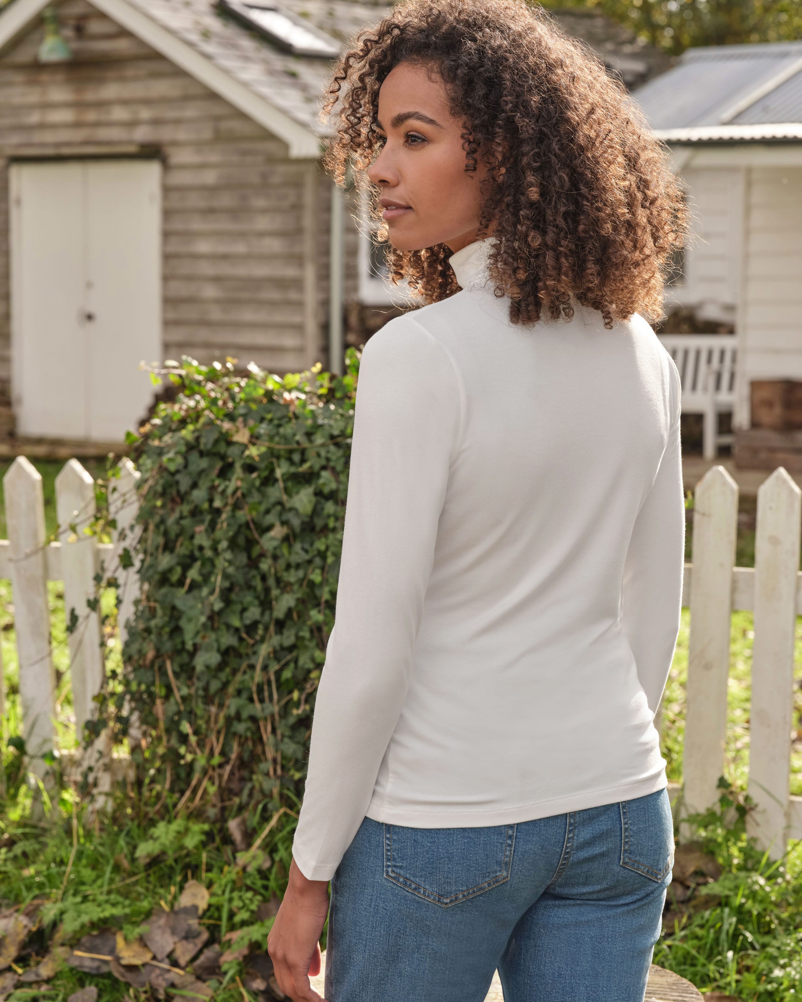 Cream | Jersey Slim Turtle Neck Top | WoolOvers US