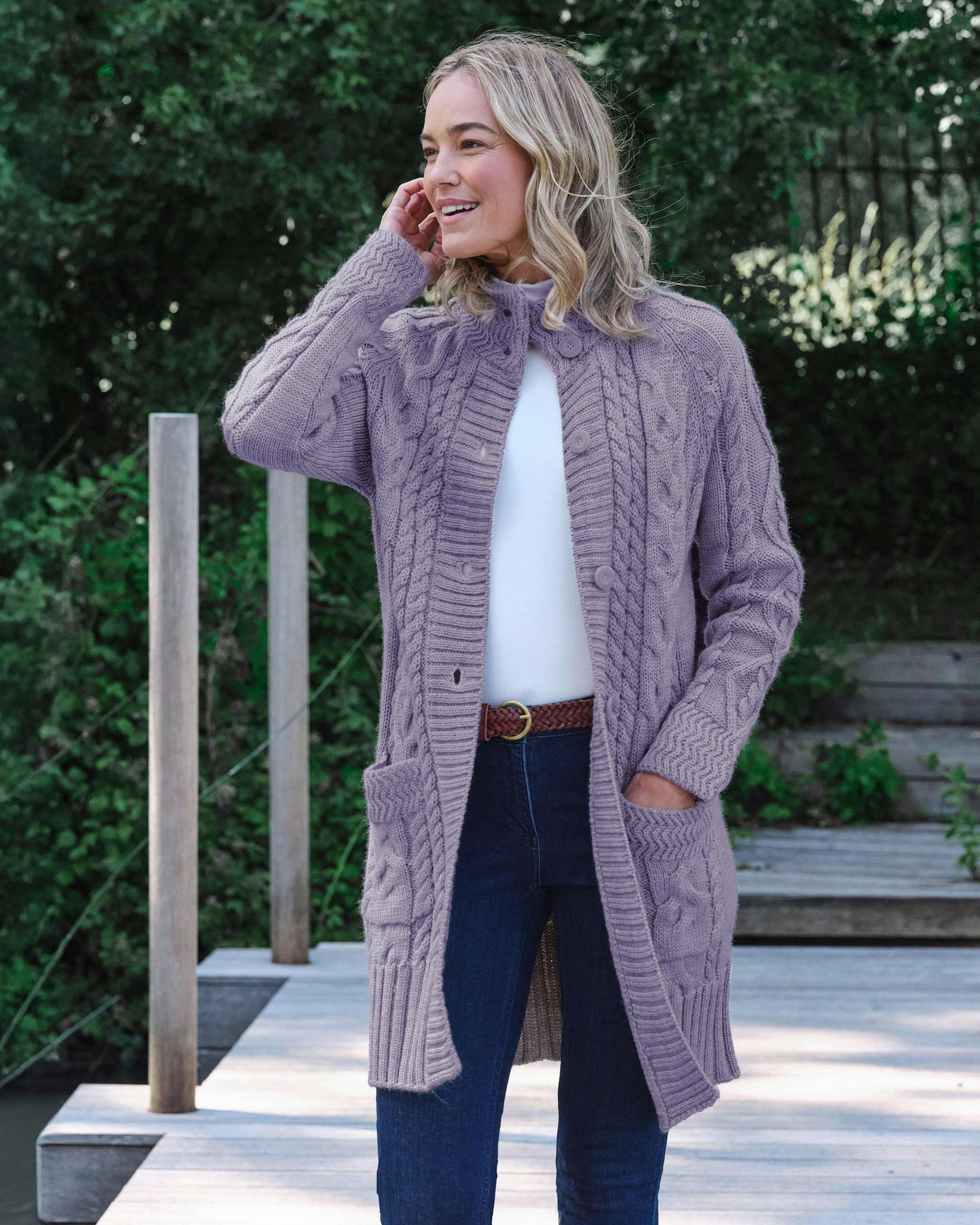 Lilac Bloom | Pure Wool Aran Coatigan | WoolOvers US