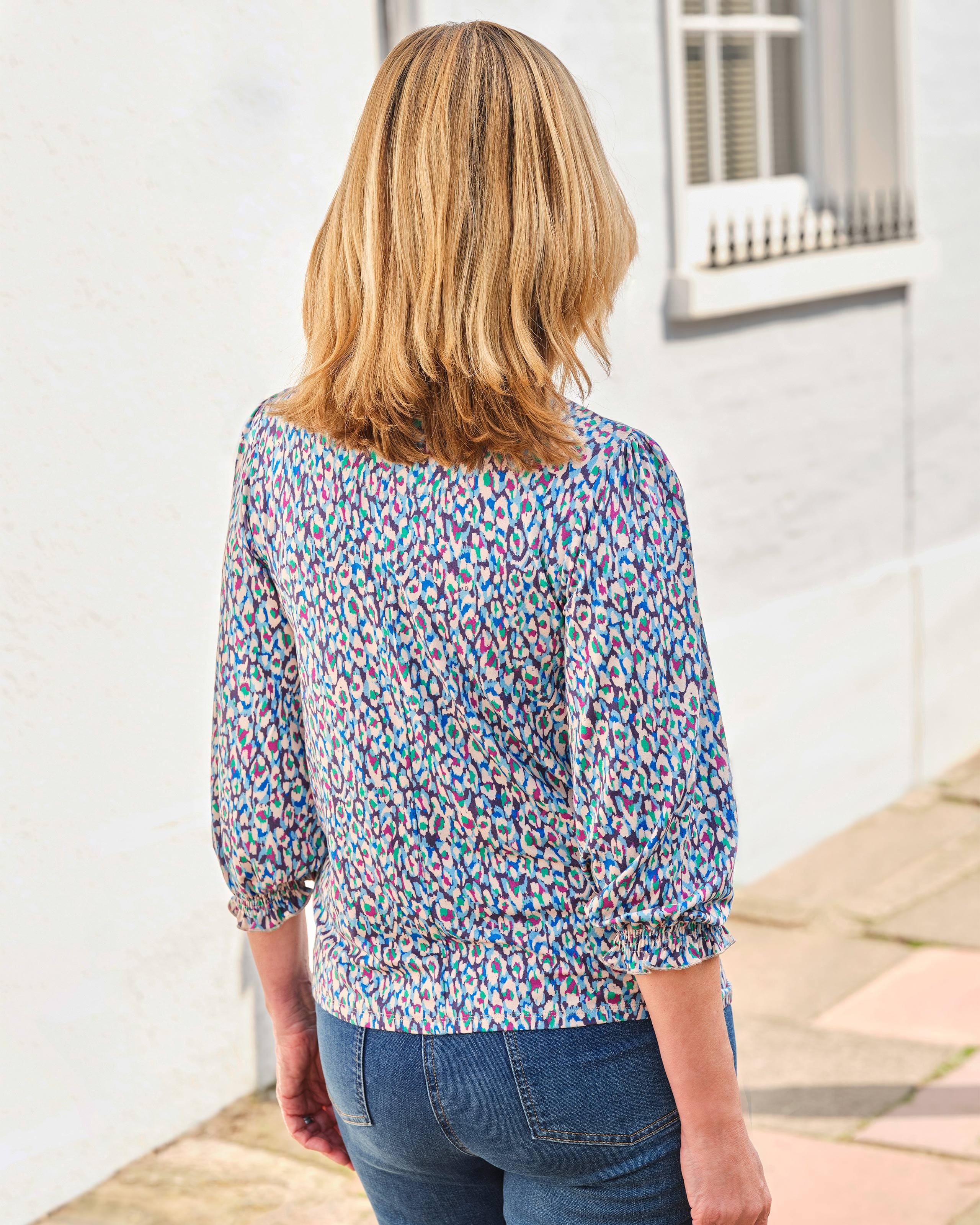 Abstract Animal Print | Shirred Cuff Crew Neck Top | WoolOvers AU