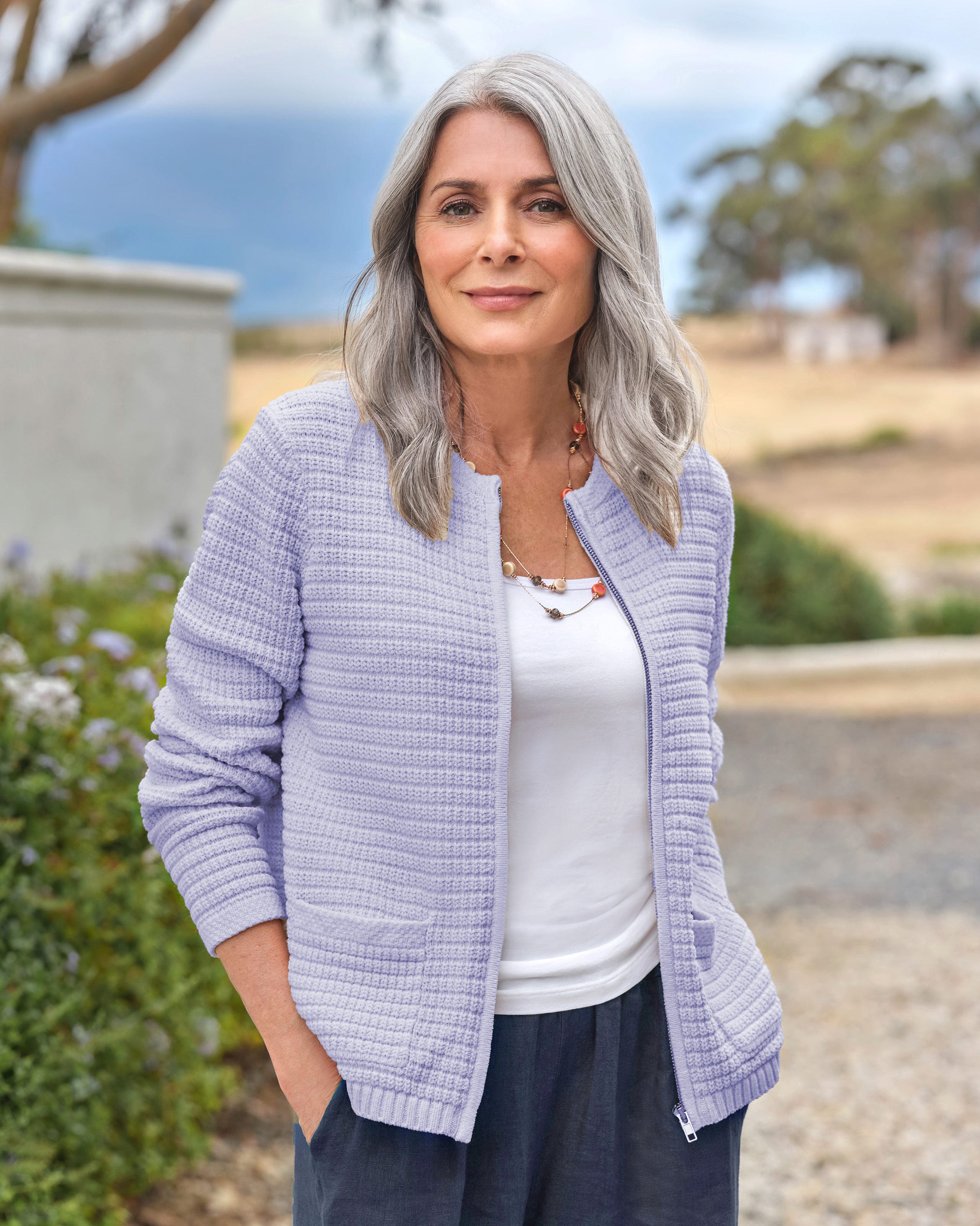 Pale Lilac | Crew Neck Chenille Knitted Jacket | WoolOvers UK