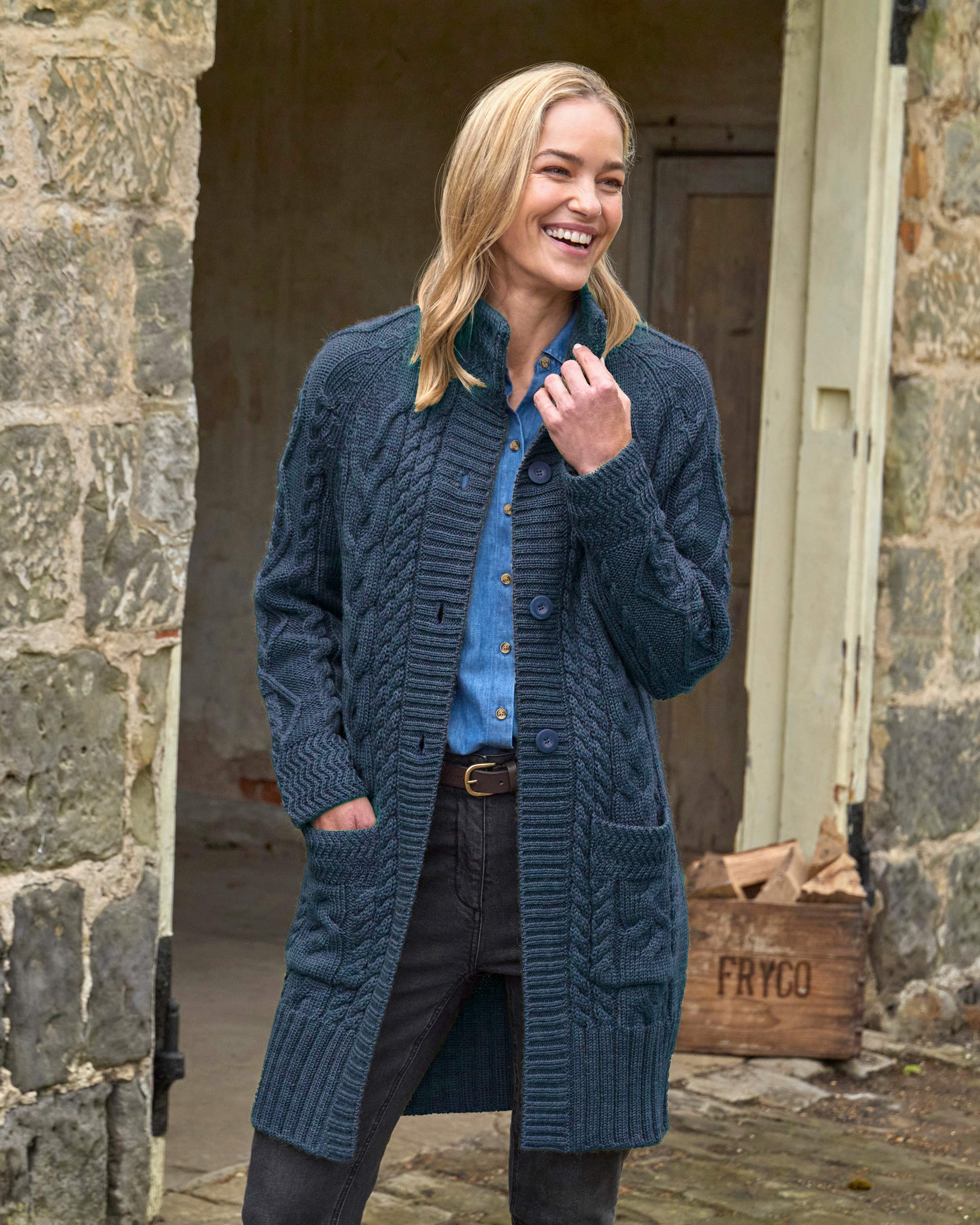 Denim Marl | Pure Wool Aran Coatigan | WoolOvers UK