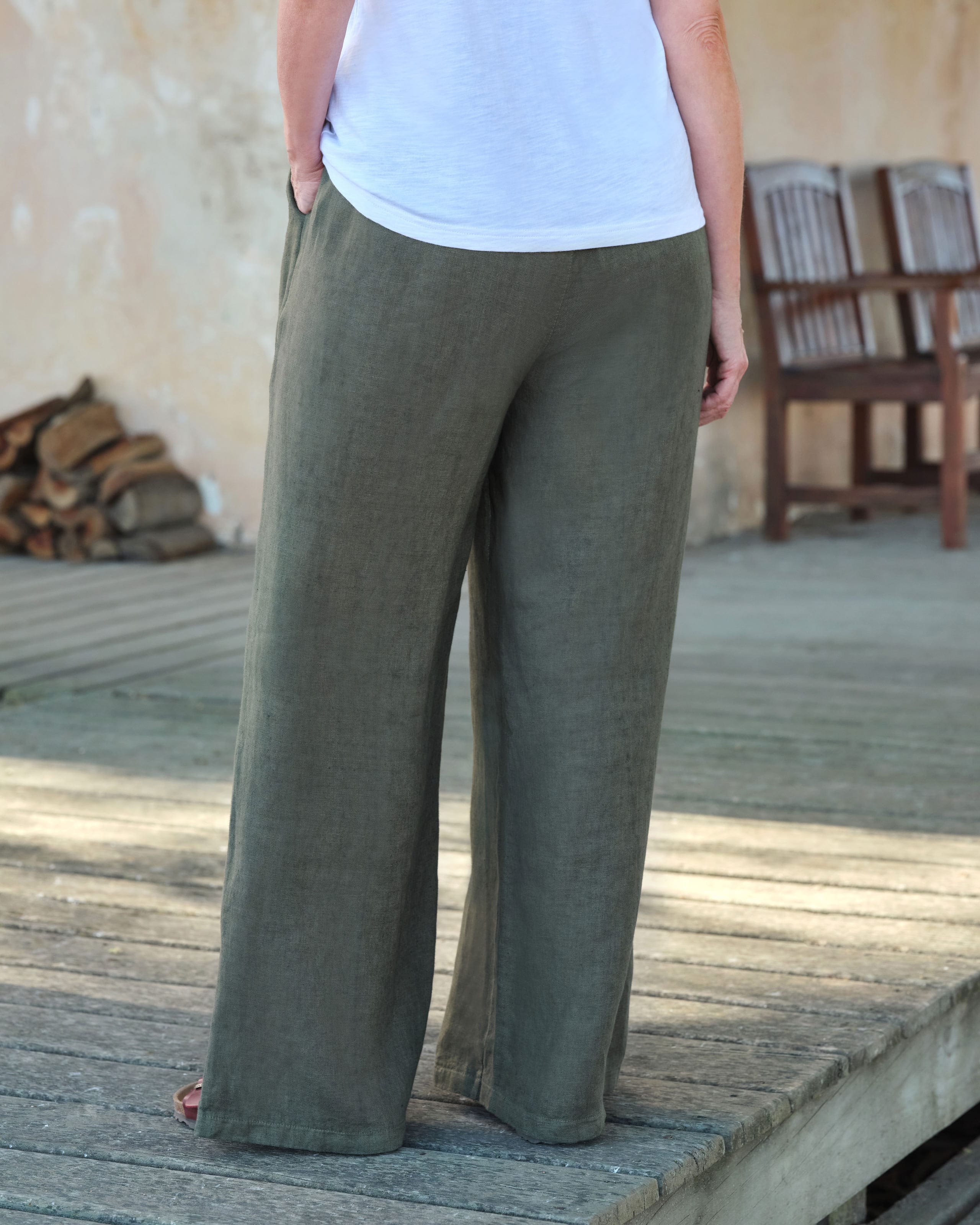 Khaki Green | Linen Wide Leg Trouser | WoolOvers UK