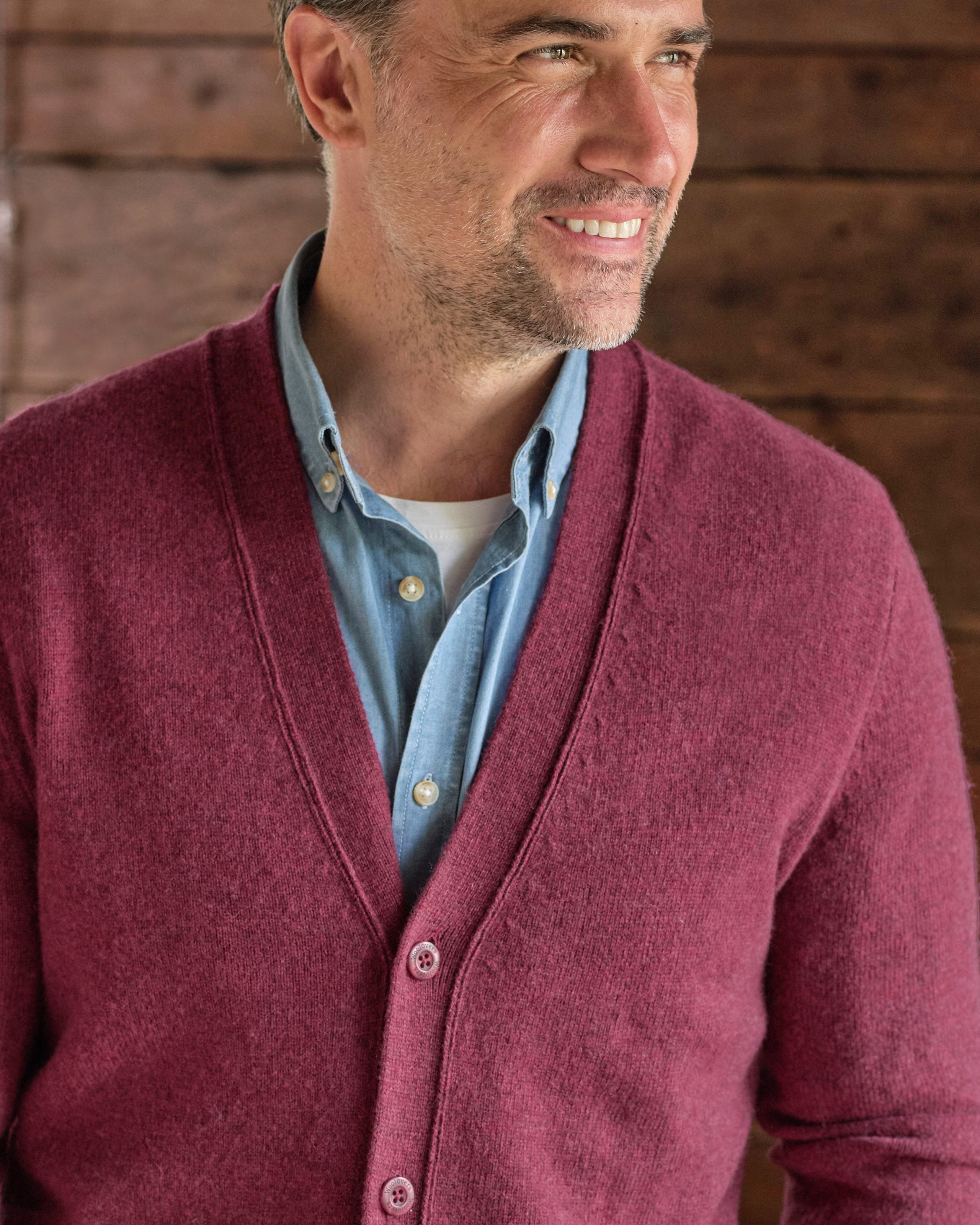 Plum Marl | Mens Lambswool V Neck Cardigan | WoolOvers AU