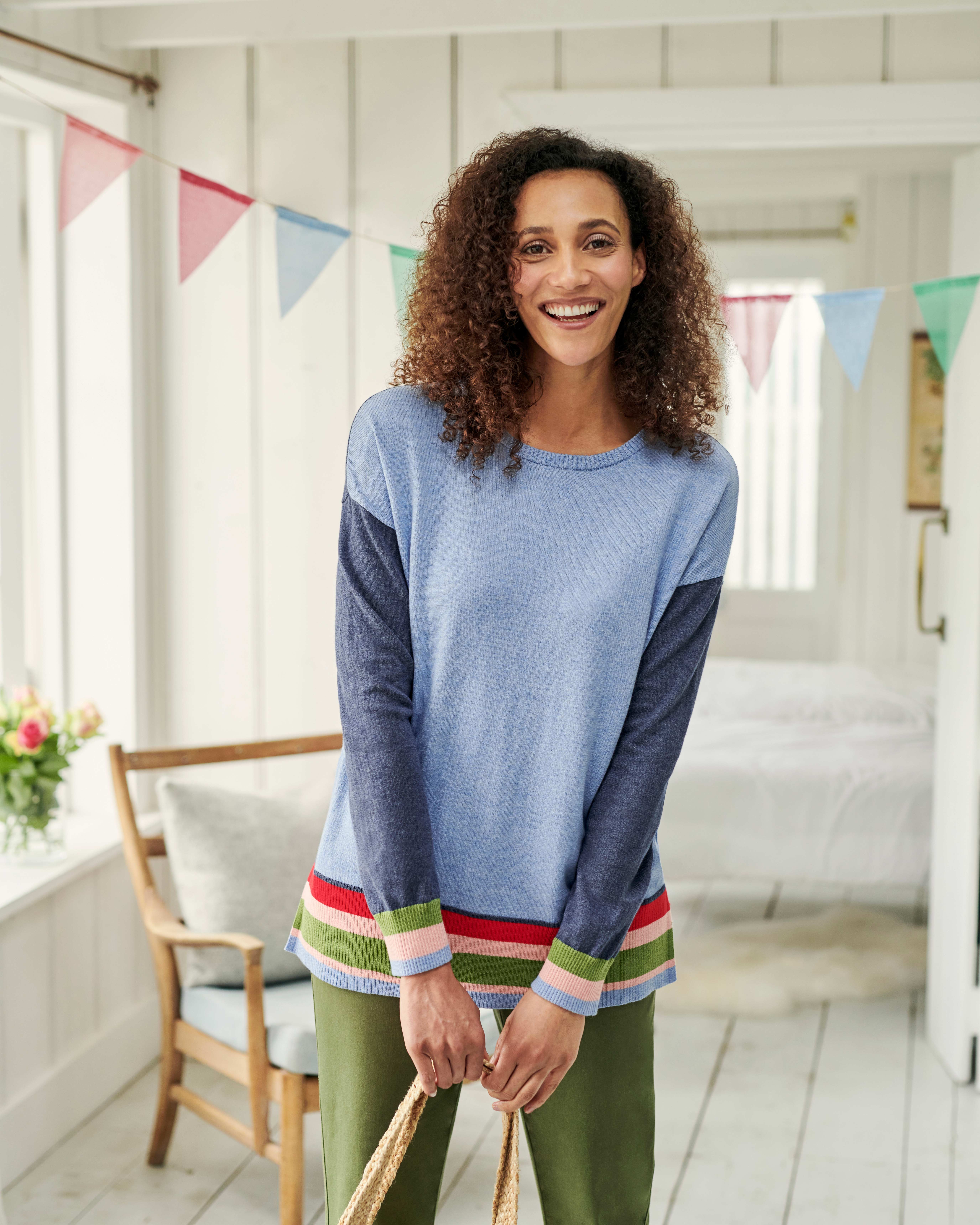 Blue Multi | Stripe Hem Jumper | WoolOvers UK Blue Multi | Stripe Hem Jumper | WoolOvers UK