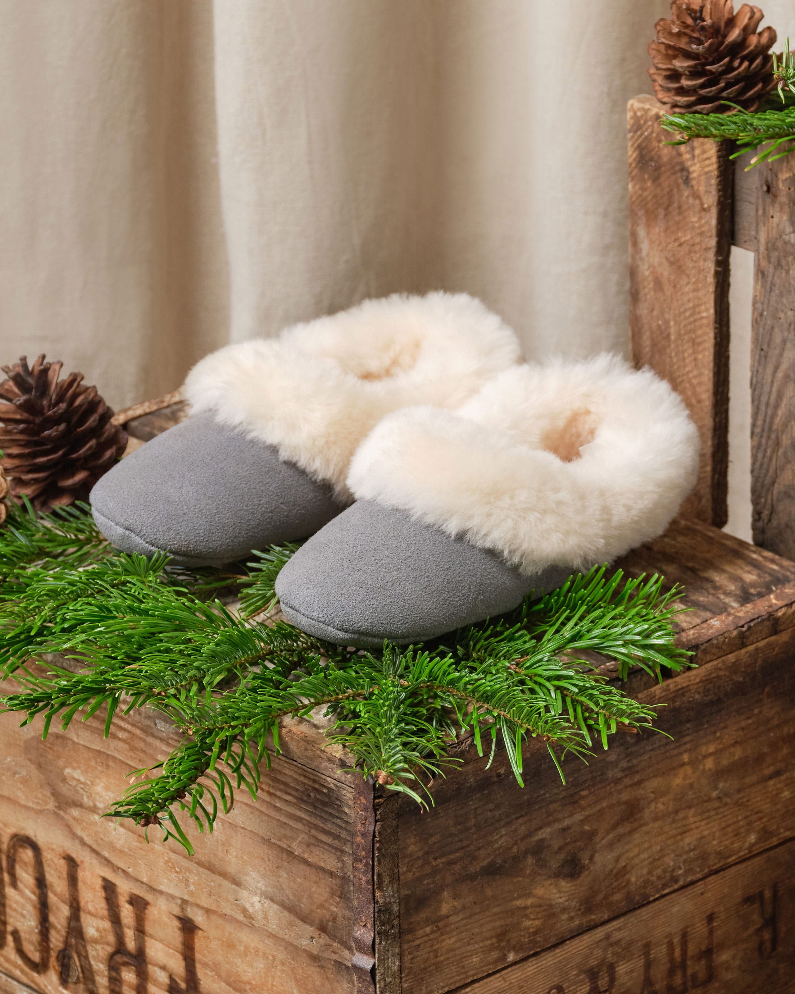 Grey | Sheepskin Collar Ballerina Slippers | WoolOvers UK