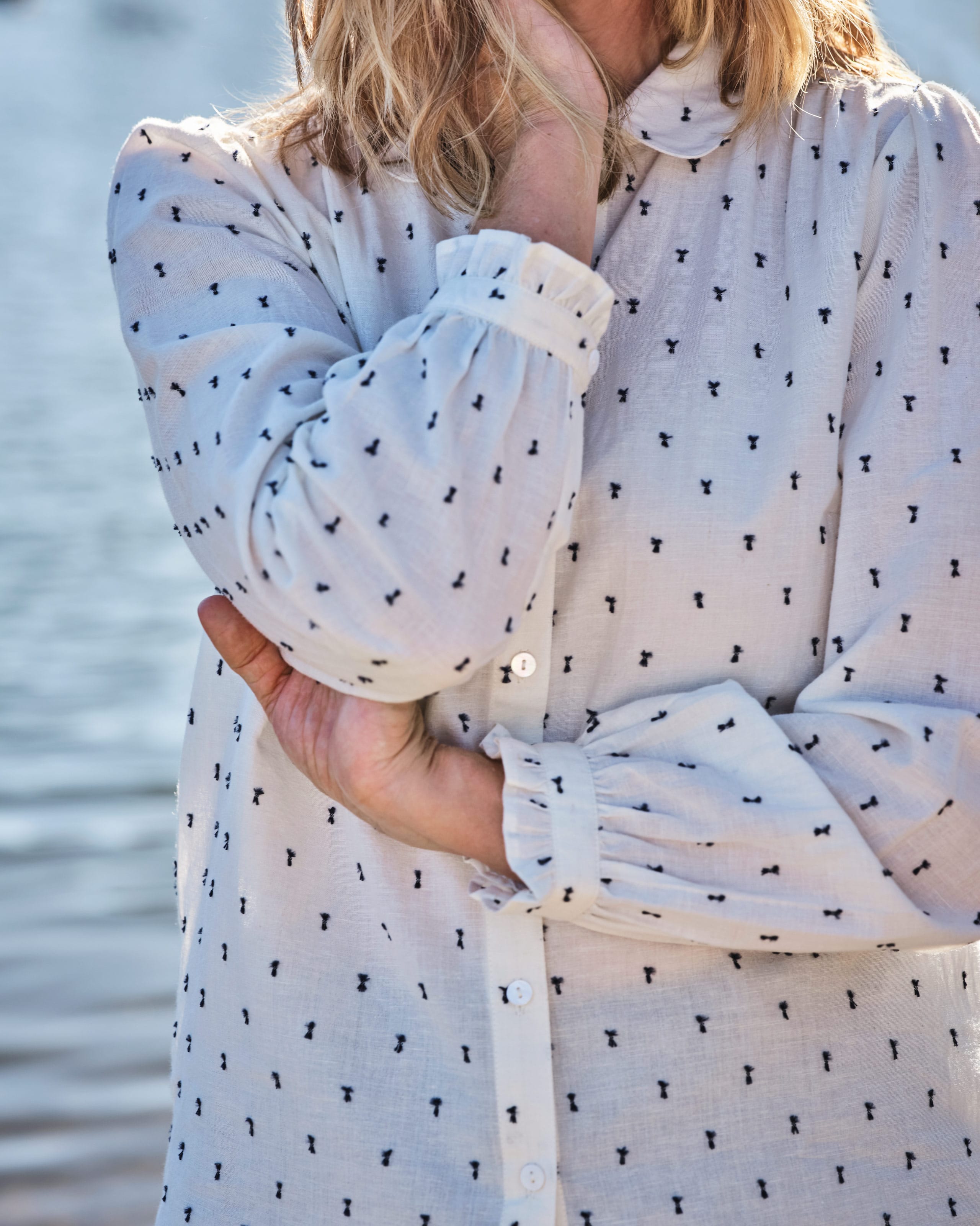 White/Navy | Embroidered Spot Cuff Detail Shirt | WoolOvers AU