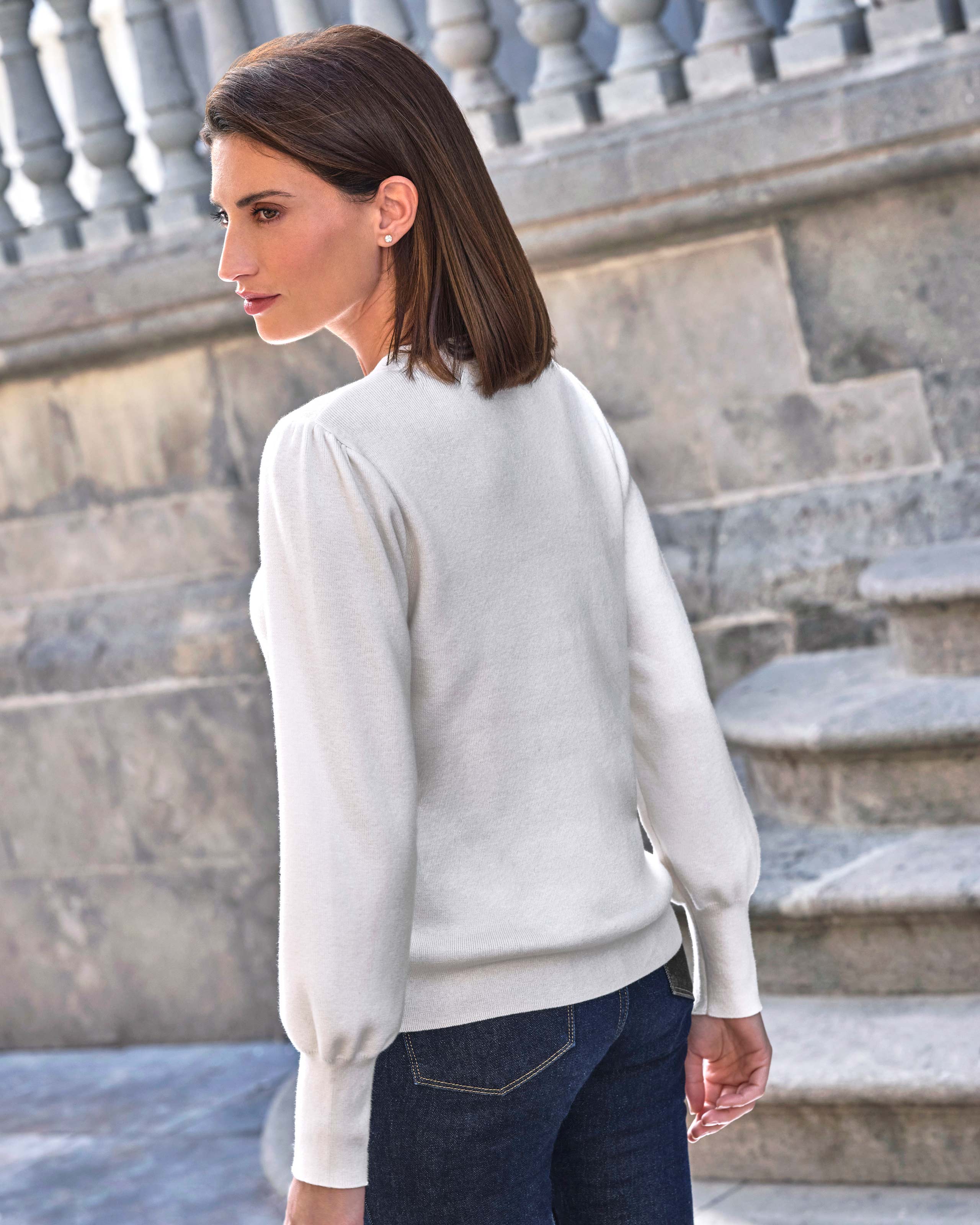 Soft White | All Needle Button Shoulder Sweater | WoolOvers UK